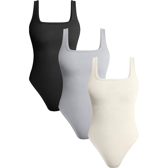 Women's 3 Piece Bodysuits Ribbed Square Neck Sleeveless Tank Tops ...