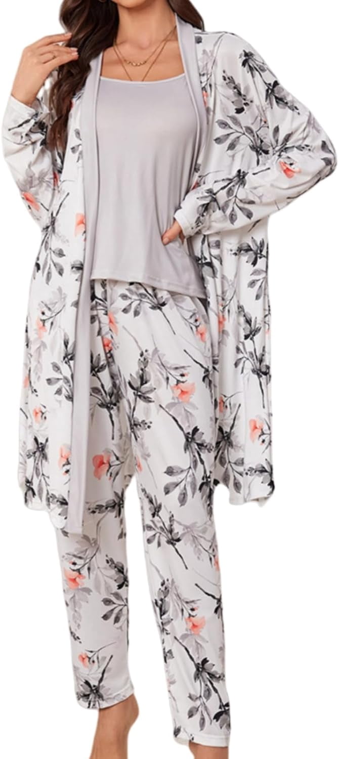 Women's 3 Piece Floral Print Pajama Set with Robe - Soft Polyester All ...