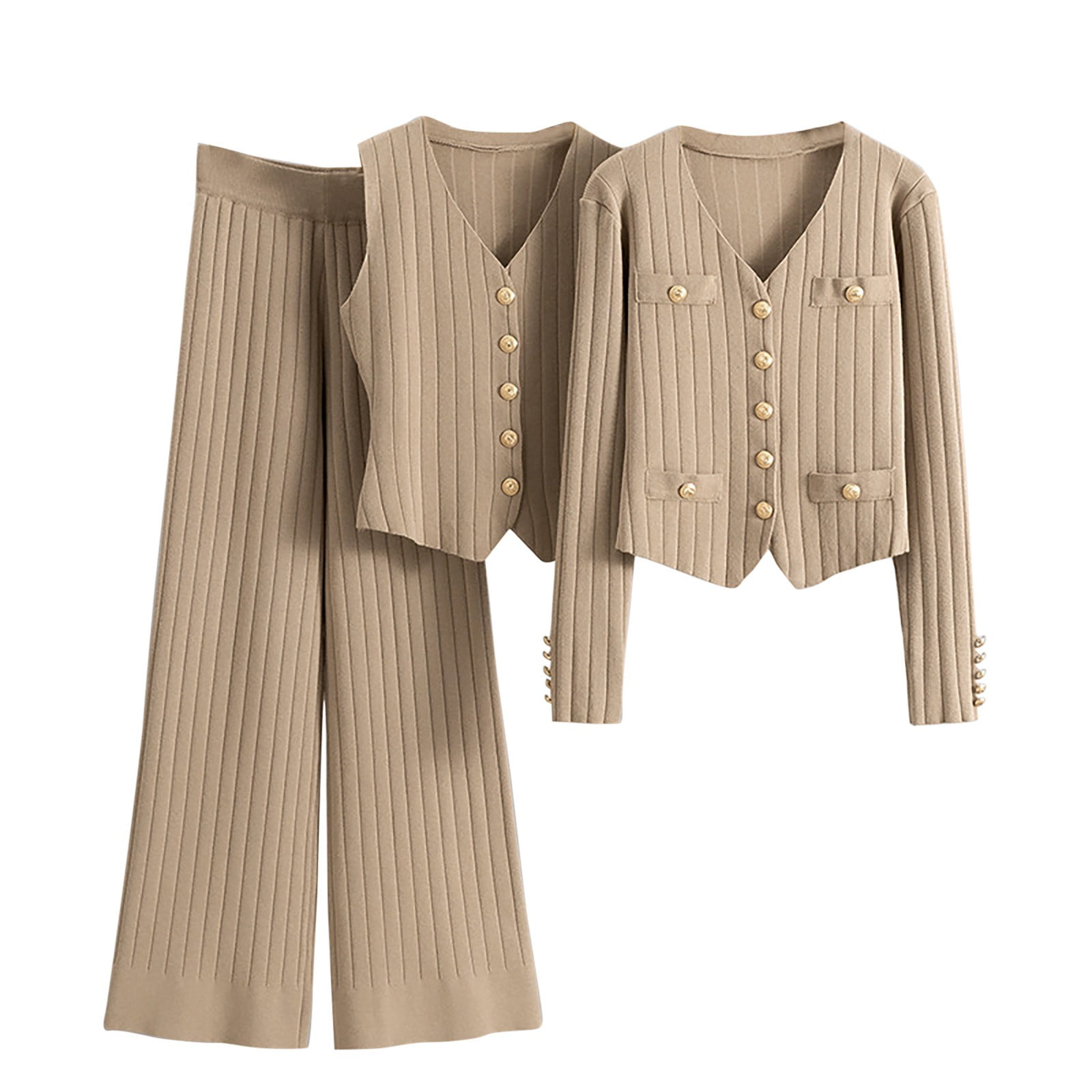 Women's 3 Piece Knit Set Long Sleeve Cardigan Sleeveless Turtleneck ...