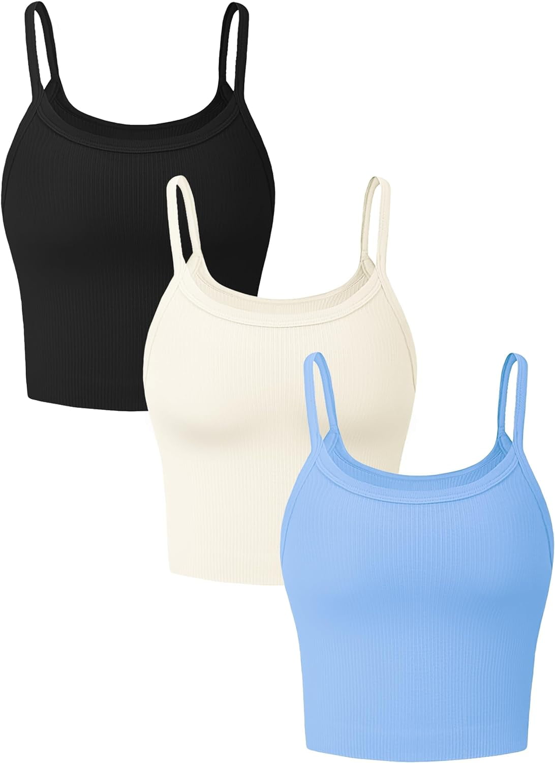 Women's 3 Piece Ribbed Crop Tank Tops - Square Neck Seamless Workout ...