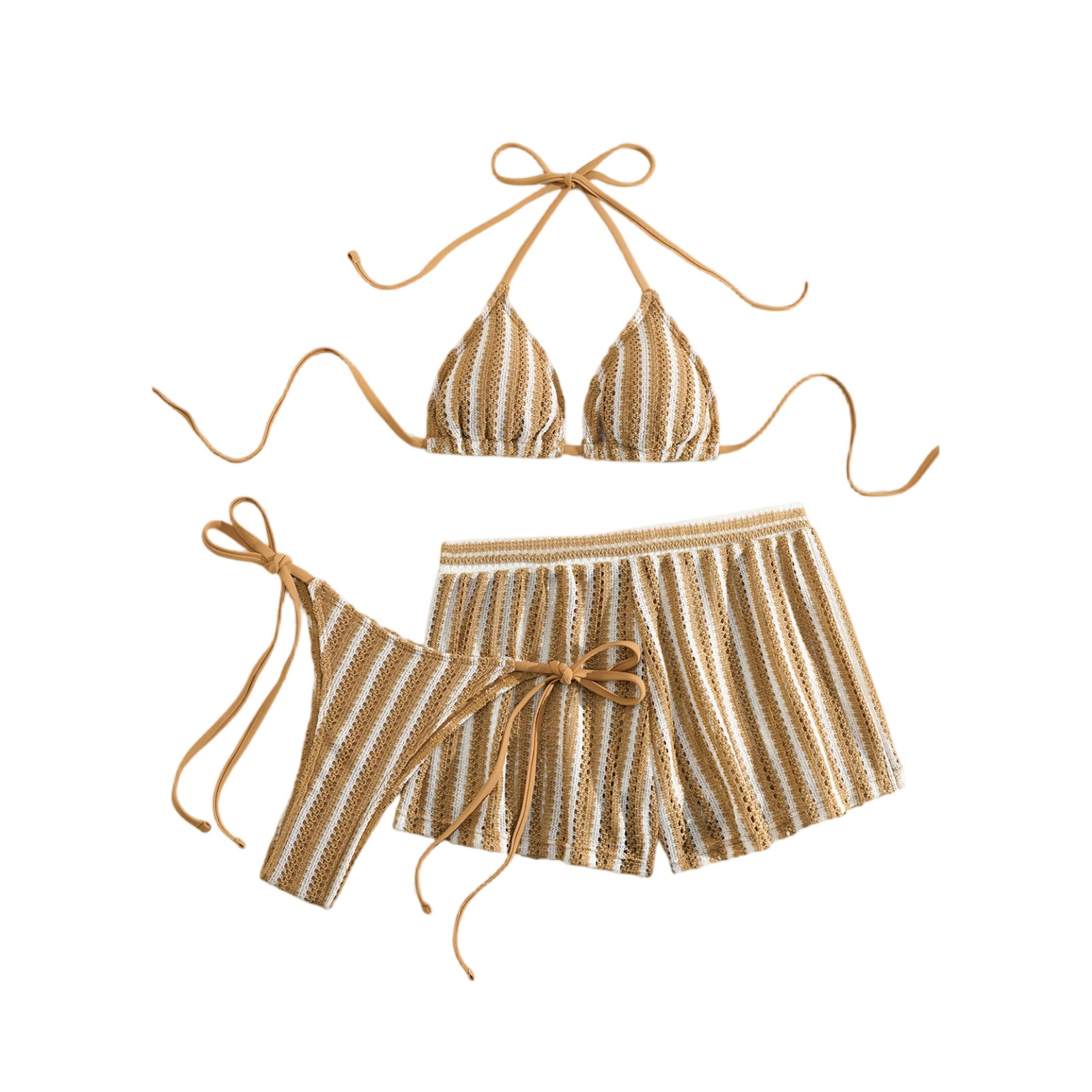Women's 3 Pieces Striped Thong Bikini Set Halter Triangle Boho Bathing ...