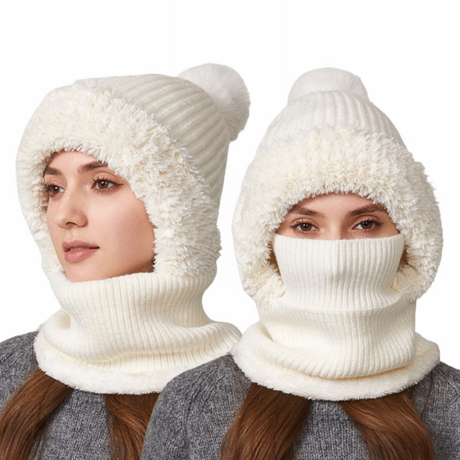 Women's 3-in-1 Ribbed Knit Hat with Integrated Scarf, Winter Face Mask ...