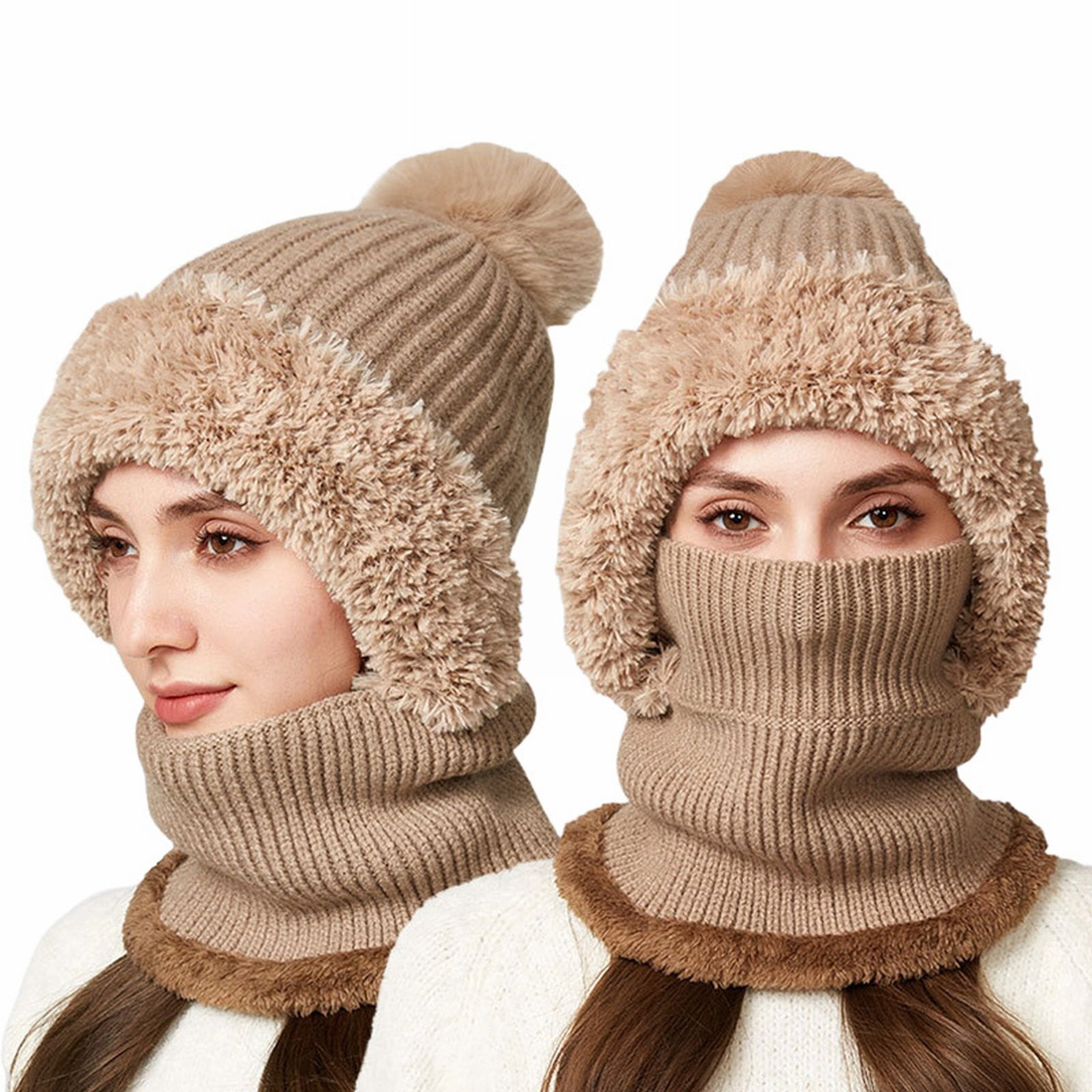 Women's 3-in-1 Ribbed Knit Hat with Integrated Scarf, Winter Face Mask ...