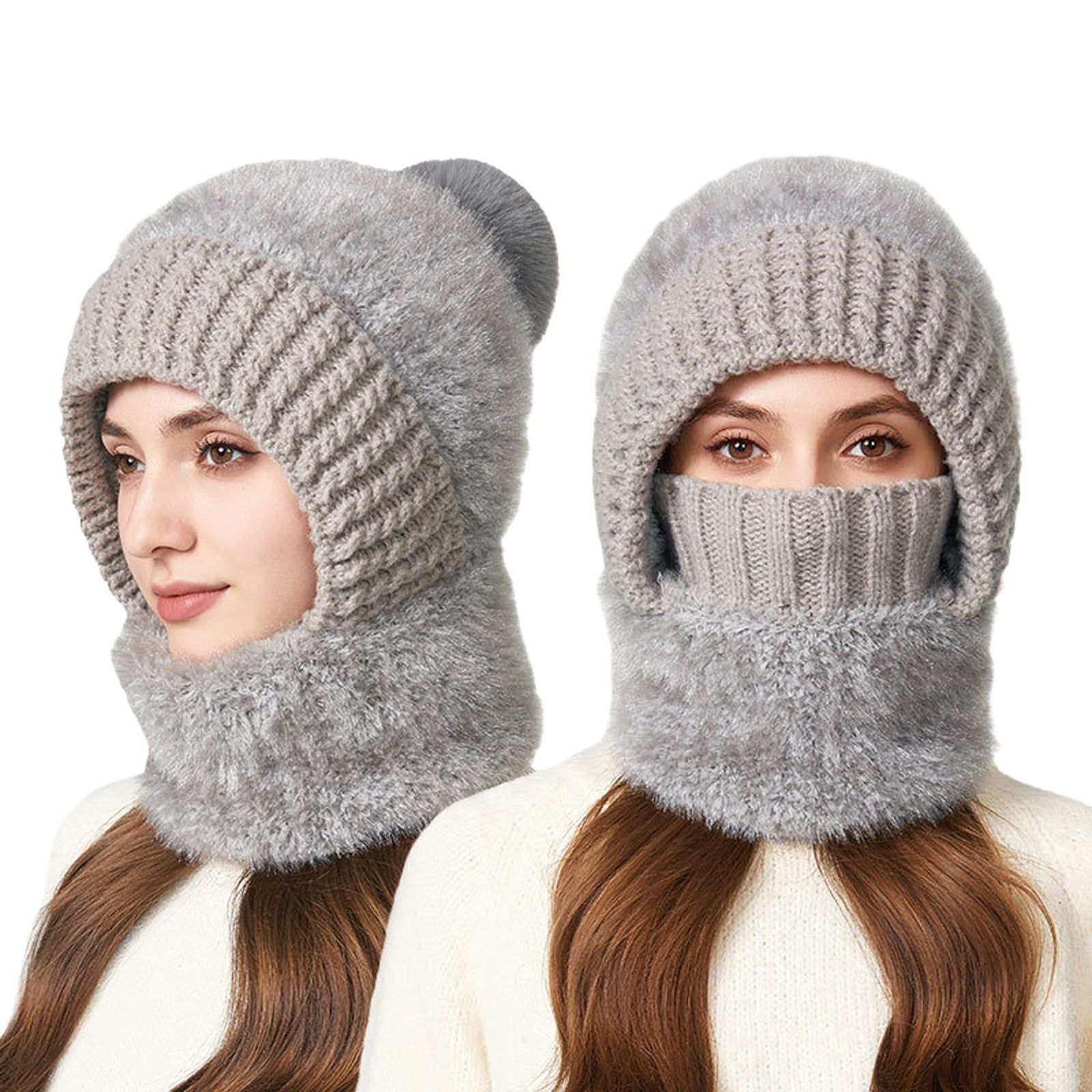 Women's 3-in-1 Ribbed Knit Hat with Integrated Scarf, Winter Face Mask ...