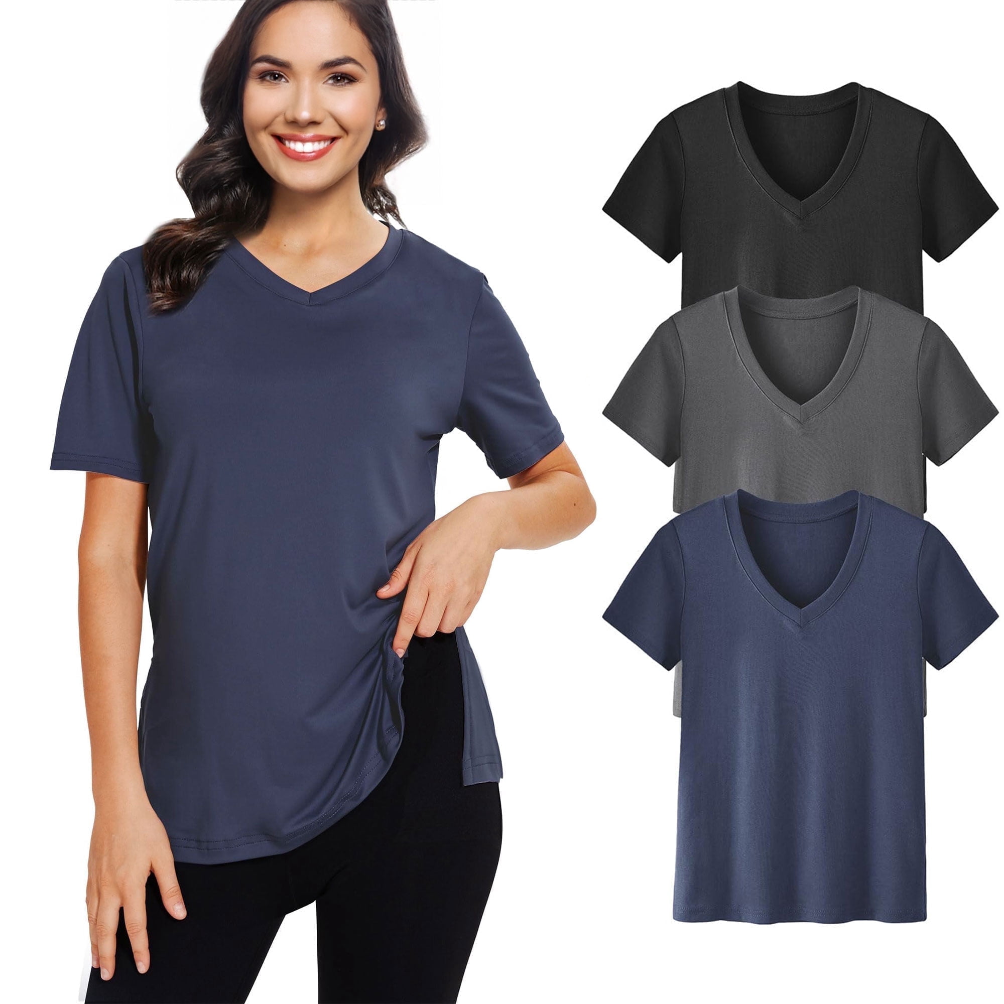 Women's 3 pack V-Neck Short Sleeve T-Shirts – Lightweight, Breathable ...