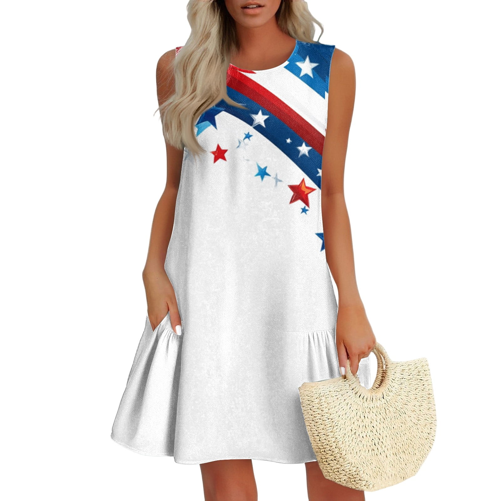 Women's 4th of July Patriotic Dress, Women Elegant Ruffled Sleeveless ...