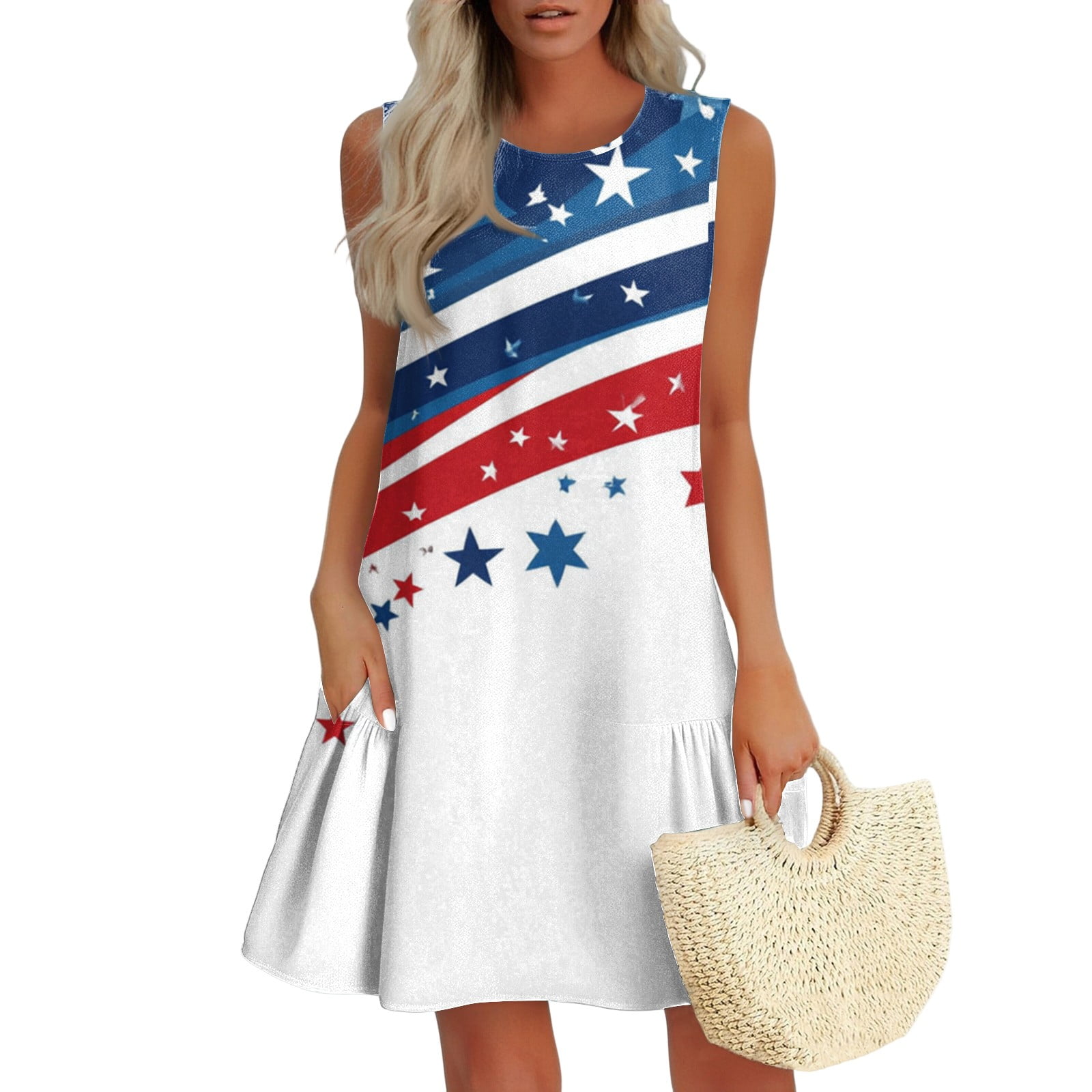 Women's 4th of July Patriotic Dress, Women Elegant Ruffled Sleeveless ...