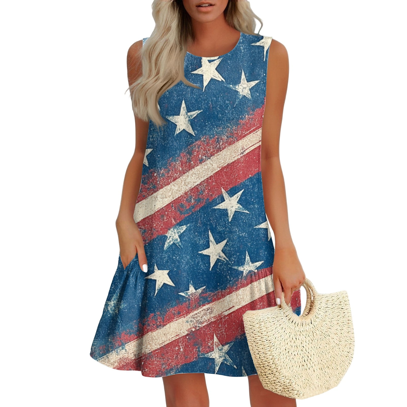Women's 4th of July Patriotic Dress, Women Elegant Ruffled Sleeveless ...
