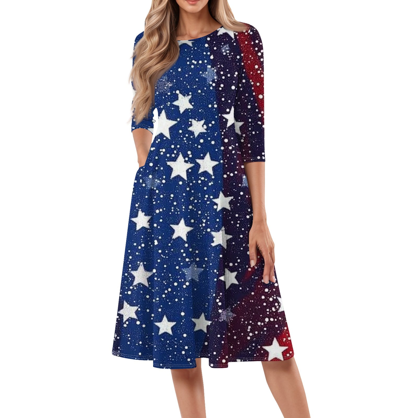 Women's 4th of July Patriotic Dress, Women Round Neck Three-Quarter ...