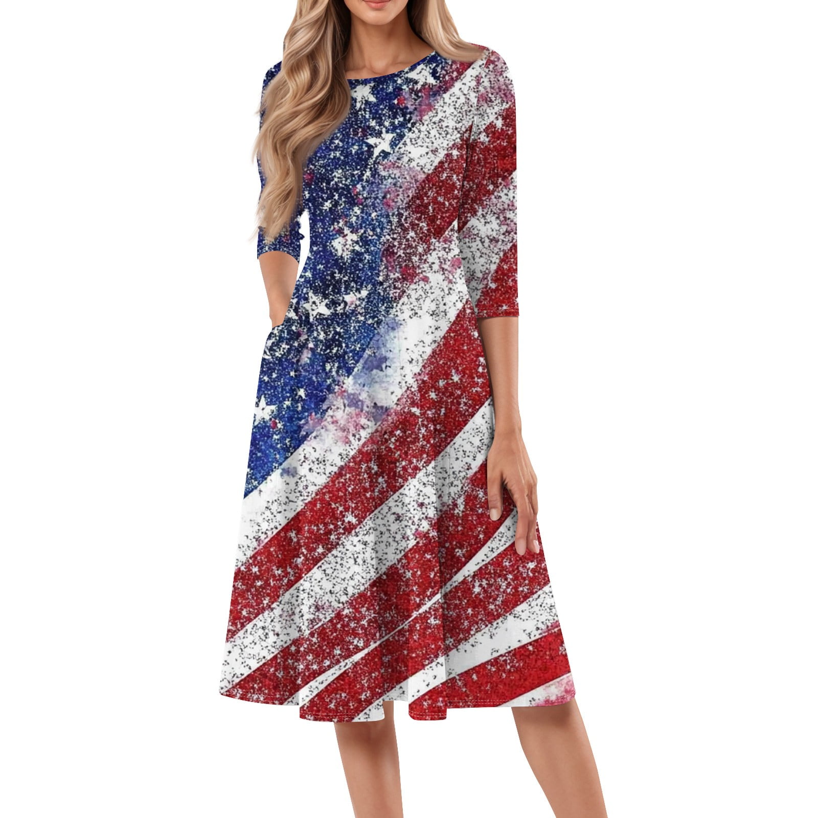 Women's 4th of July Patriotic Dress, Women Round Neck Three-Quarter ...
