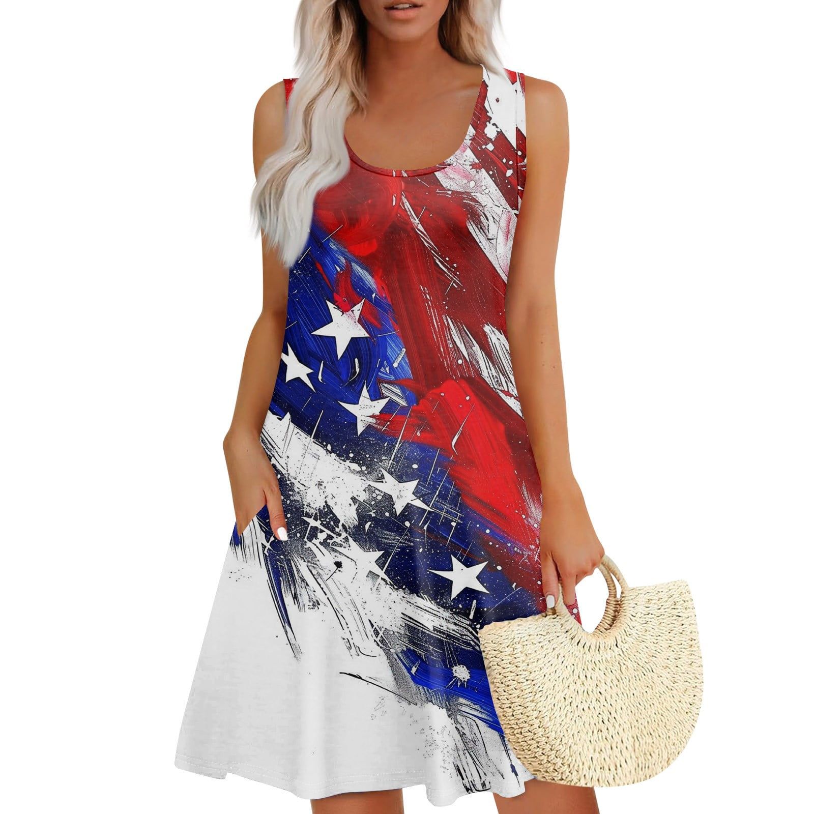 Women's 4th of July Patriotic Dress, Women Sexy Square Neck Sleeveless ...