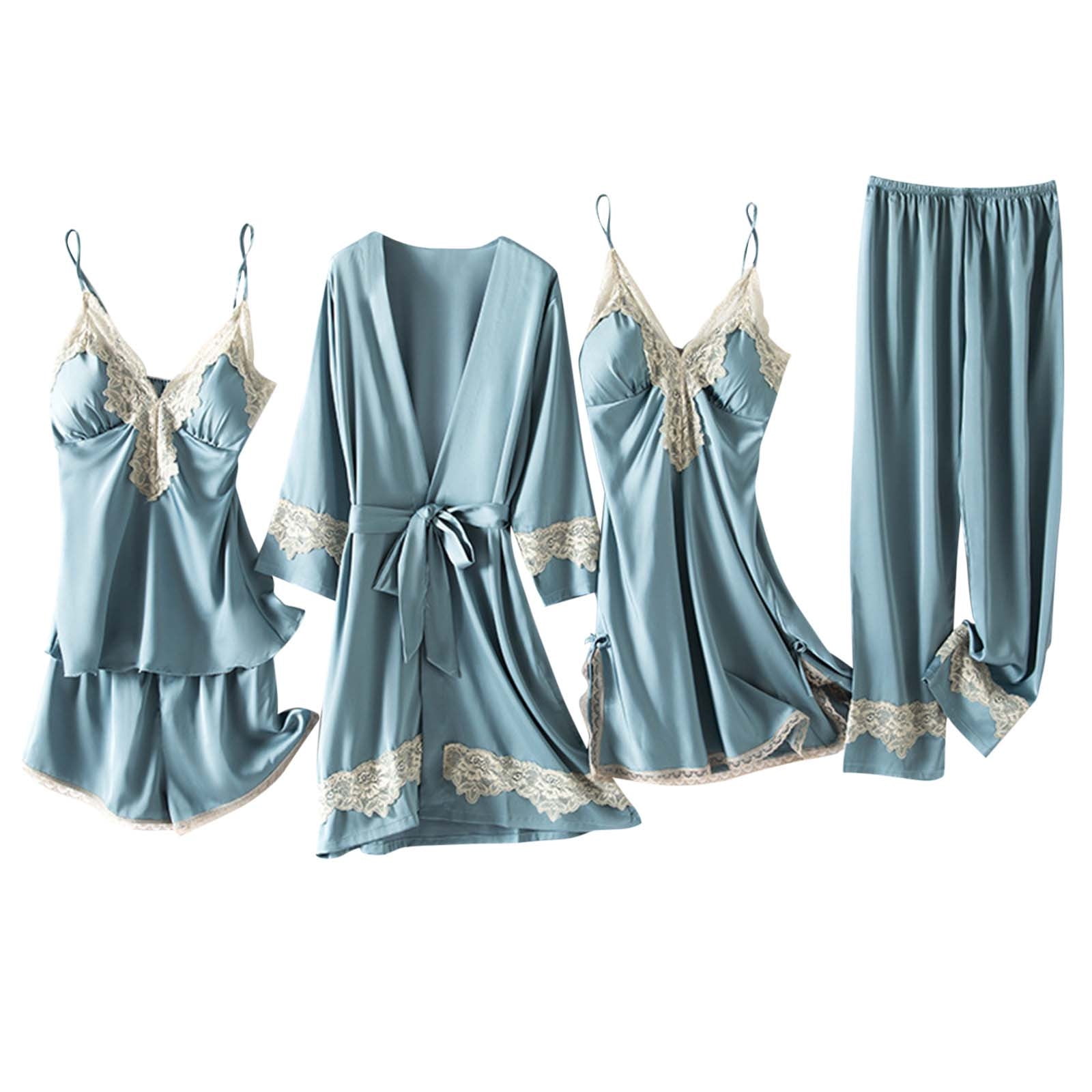 Women's 5 Pcs Pajamas Sets Silk Satin Built-in Bra Sleepwear Robe ...