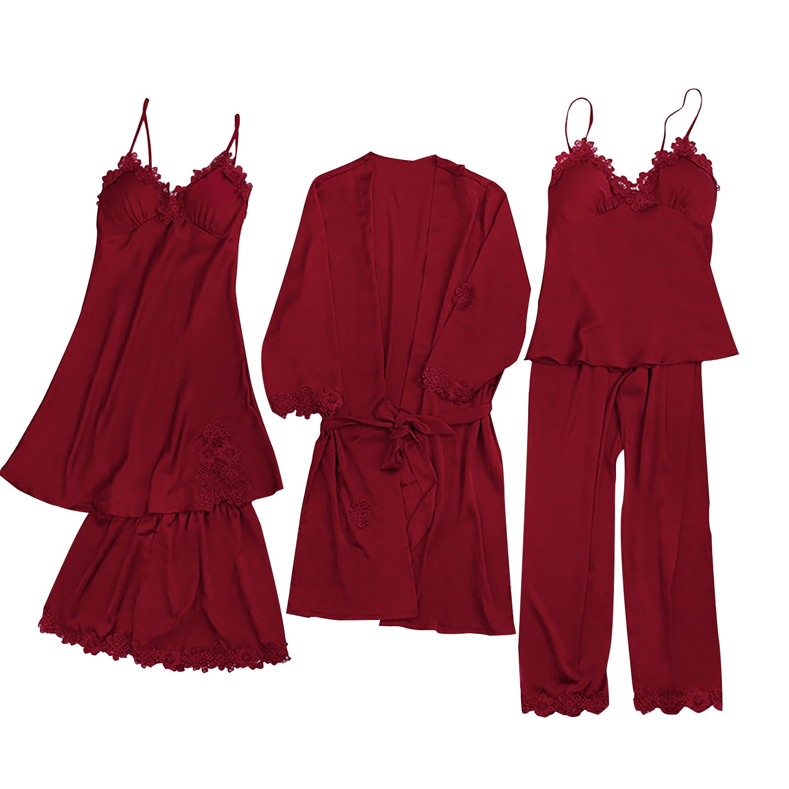 Womens 5 Piece Sleepwear Floral Satin Cami Pajama Set Silk Nightgown