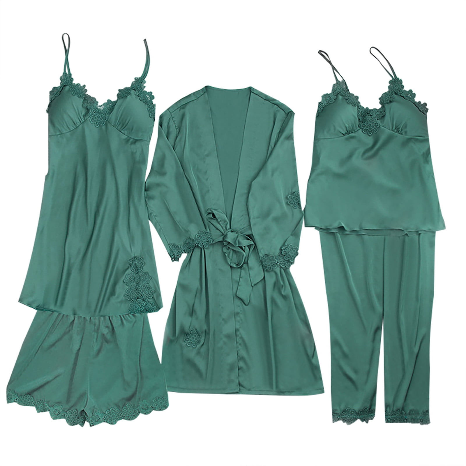 Women's 5 Piece Sleepwear Floral Satin Cami Pajama Set Silk Nightgown ...