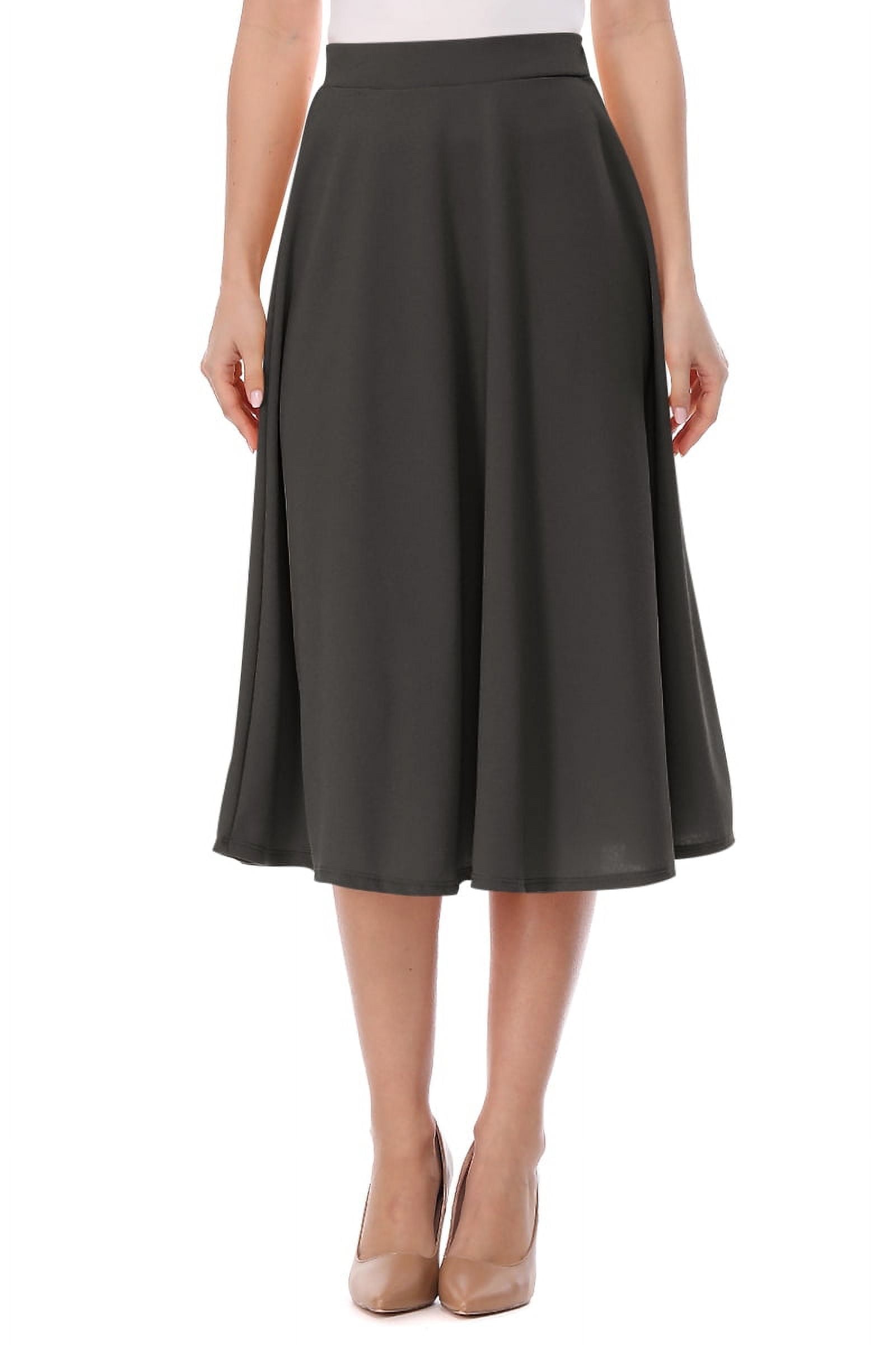 Women's A-Line Casual Flared High Waist Elastic Band Solid Midi Skirt ...