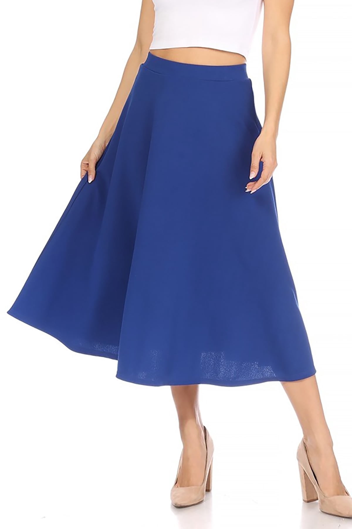 Women's A-Line Casual Flared High Waist Elastic Band Solid Midi Skirt ...