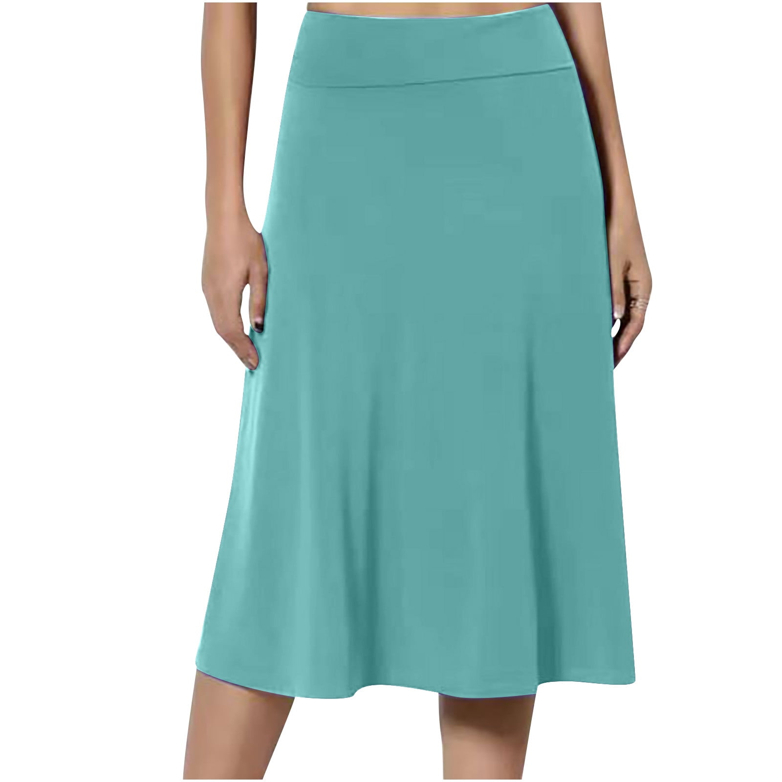Women's A-Line Elastic High Waist Flare Work Midi Knee Length Stretchy ...