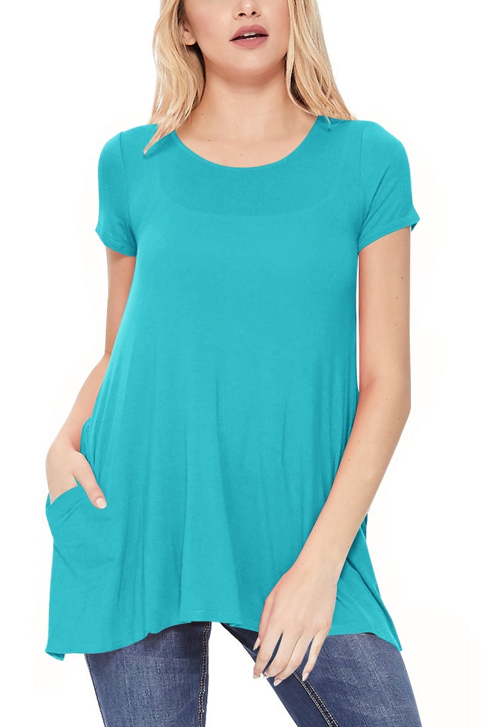 Women's A-Line Short Sleeve Relaxed Fit Round Neck Solid Tunic Top with ...