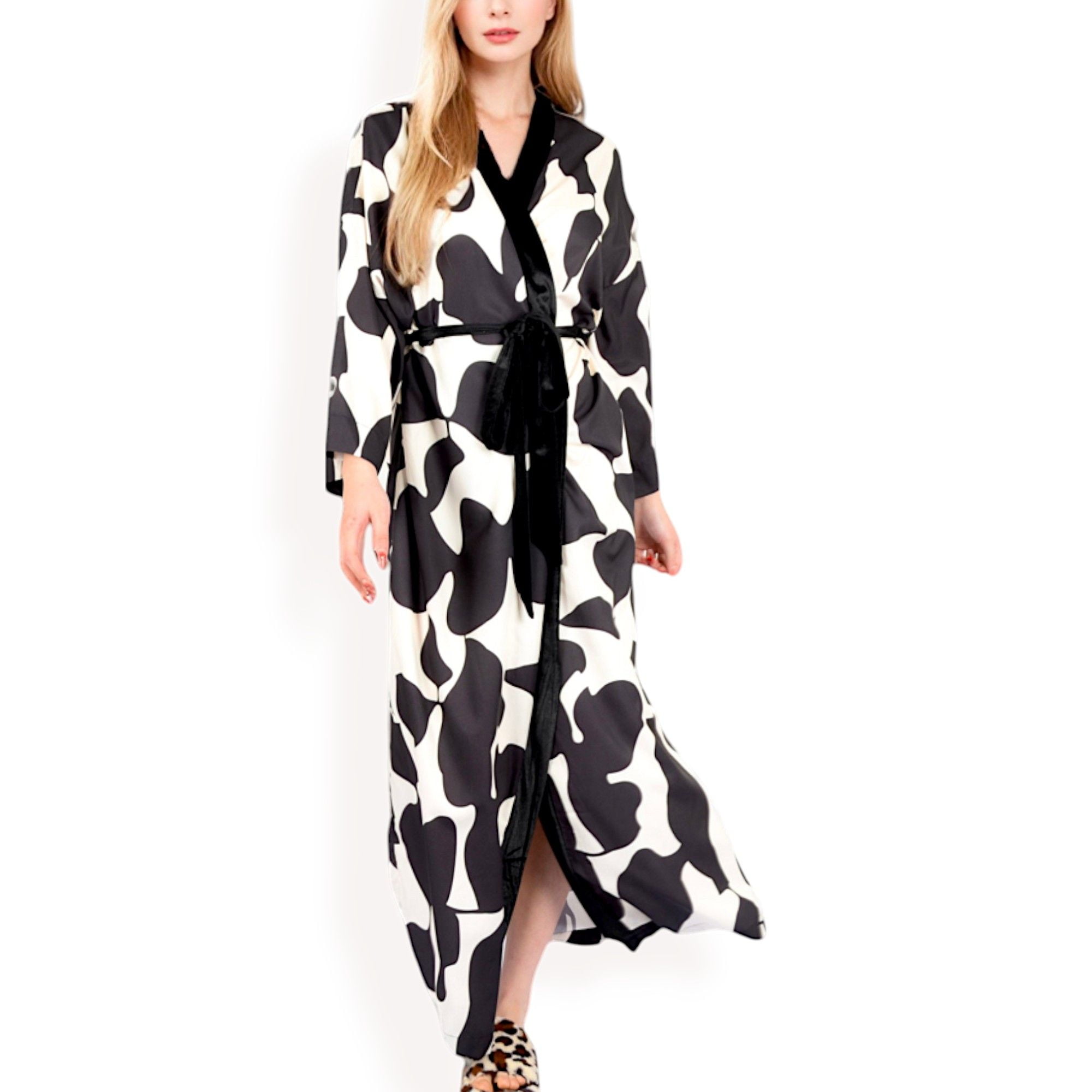 Women's Abstract Print Satin Duster Robe with Velvet Trim and Tie Waist ...