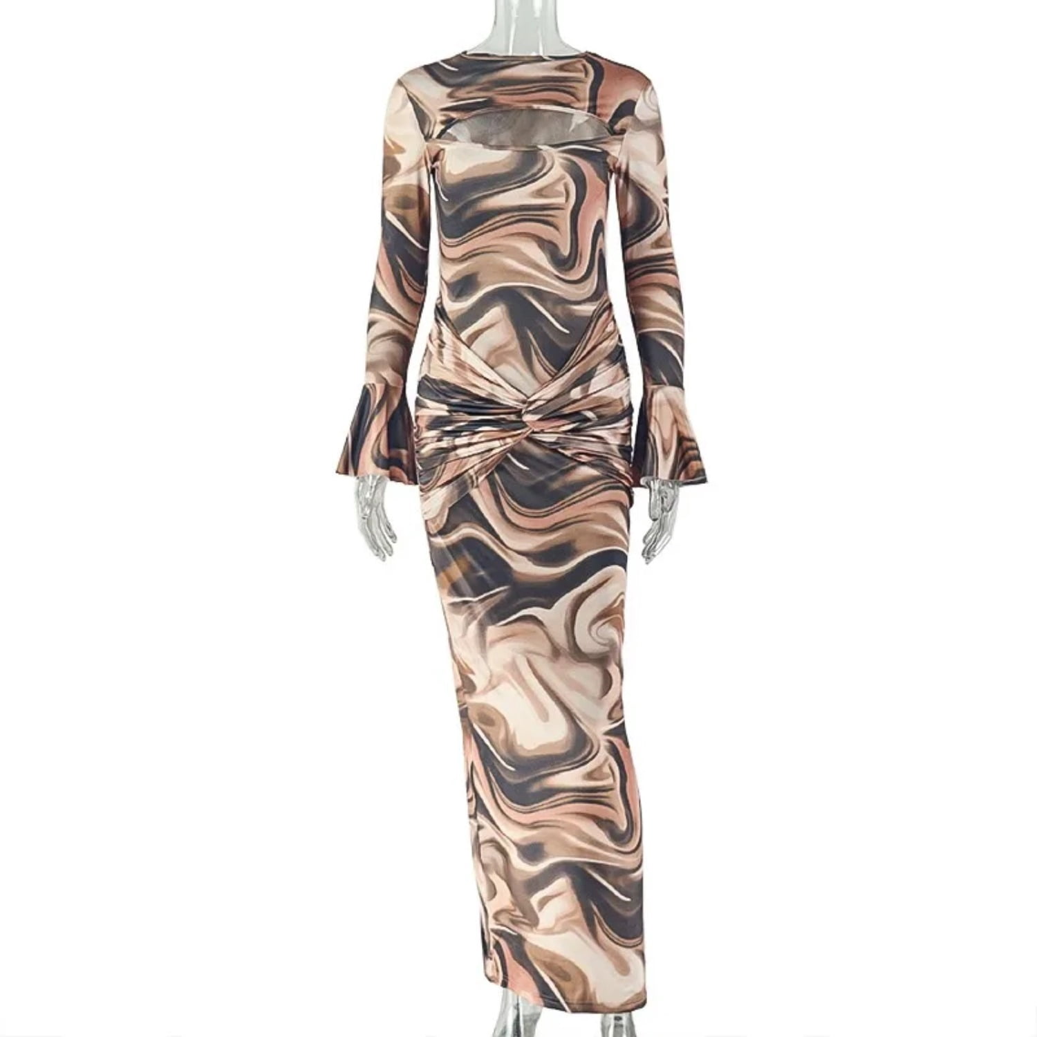 Women's Abstract Striped Print Hollow Out O-Neck Long Flare Sleeve ...