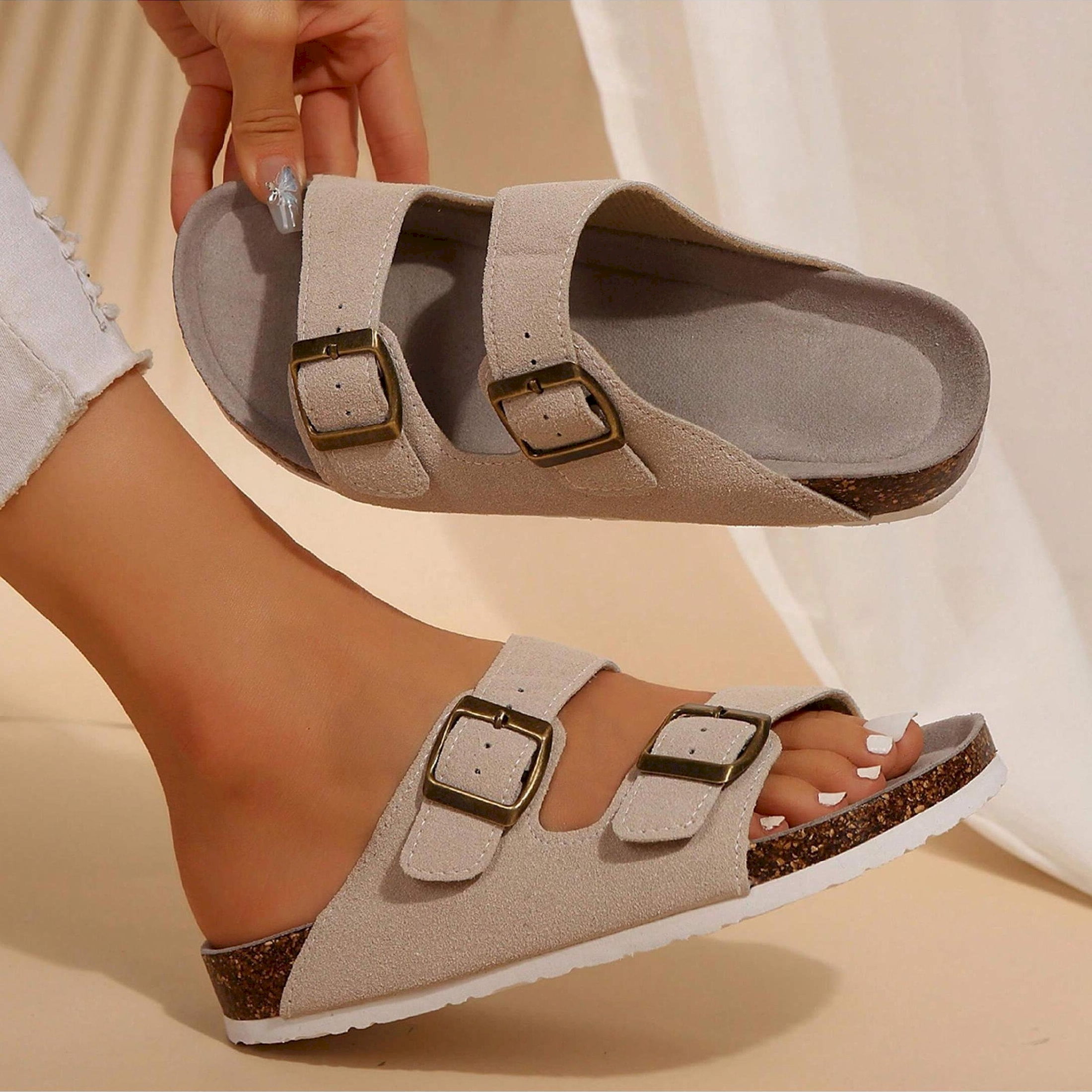 Women's Adjustable Slide Sandals with Slip-On Design and Cork Footbed ...