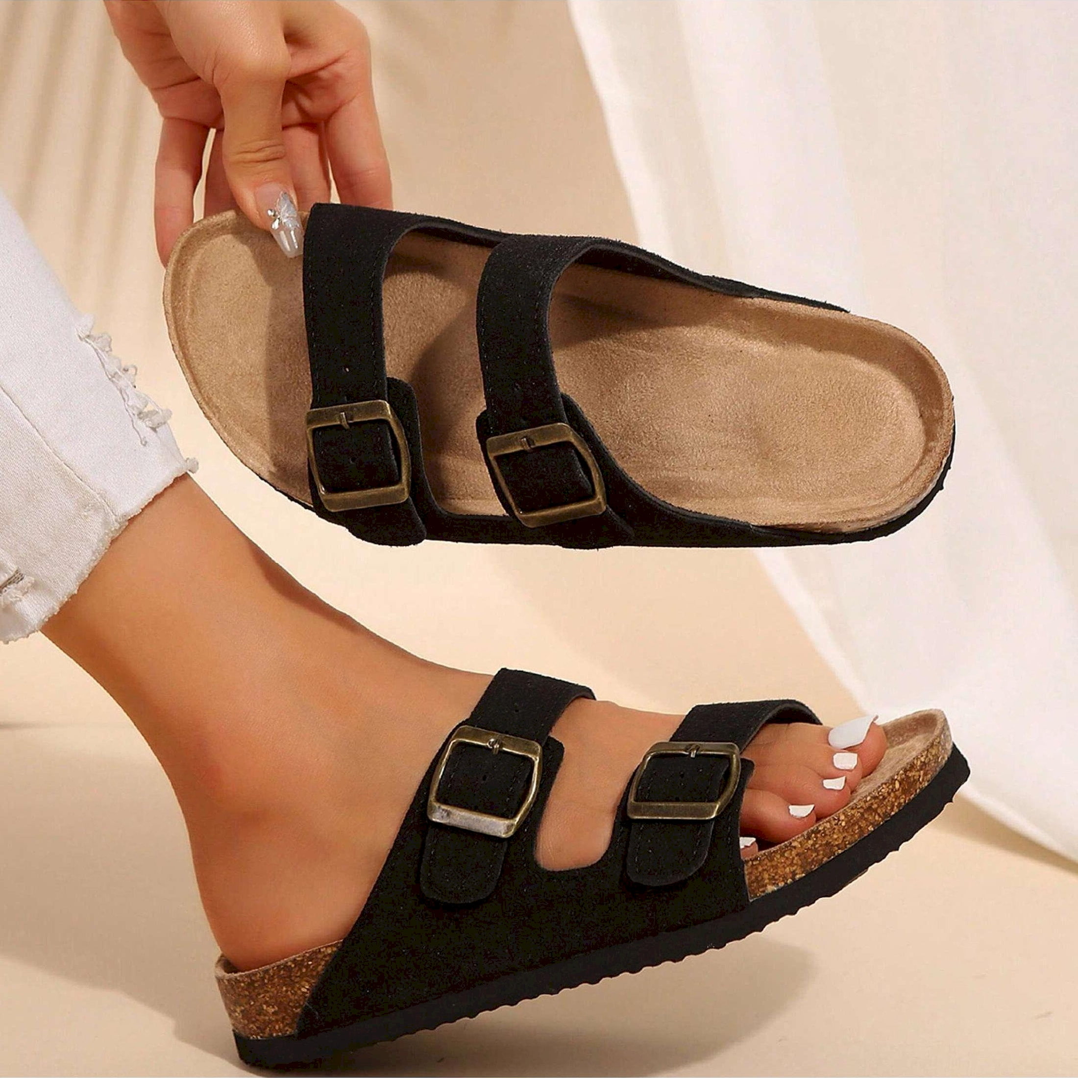 Women's Adjustable Slide Sandals with Slip-On Design and Cork Footbed ...