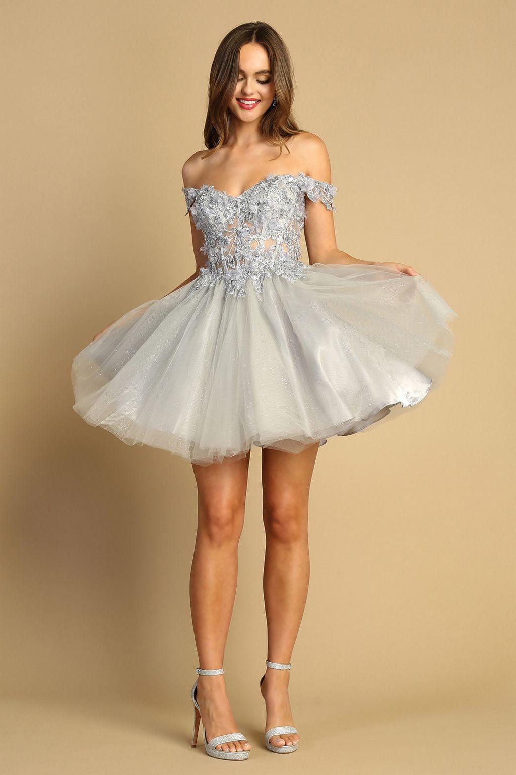 Women's Adora Design 1041 Off Shoulder Floral Applique Glitter Prom ...