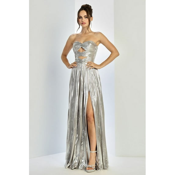 Women's Adora Design 3261 Strapless Metallic Pleated A-line Slit Prom ...