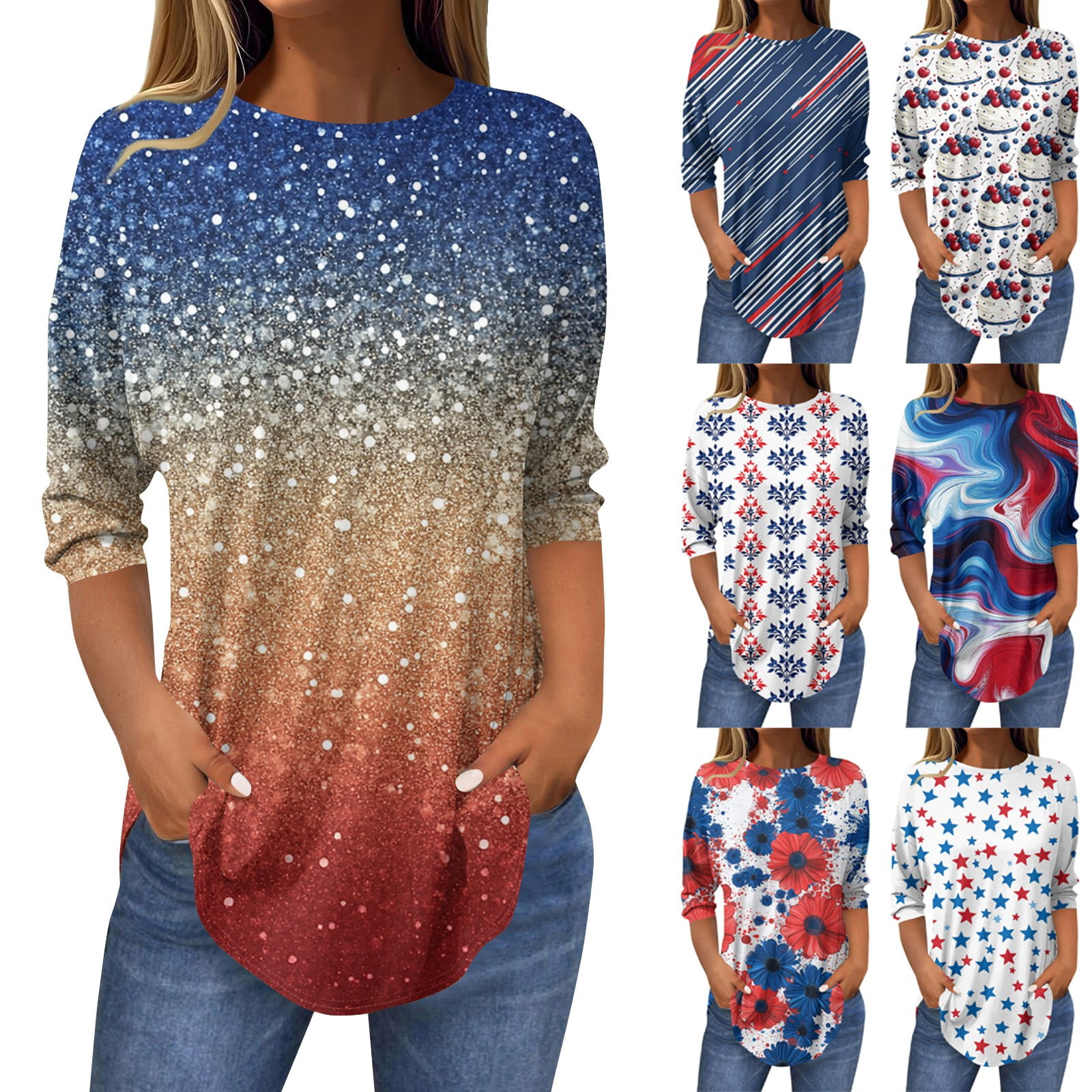 Women's American Flag Patriotic 4th of July Graphic USA Flag 3/4 Sleeve ...