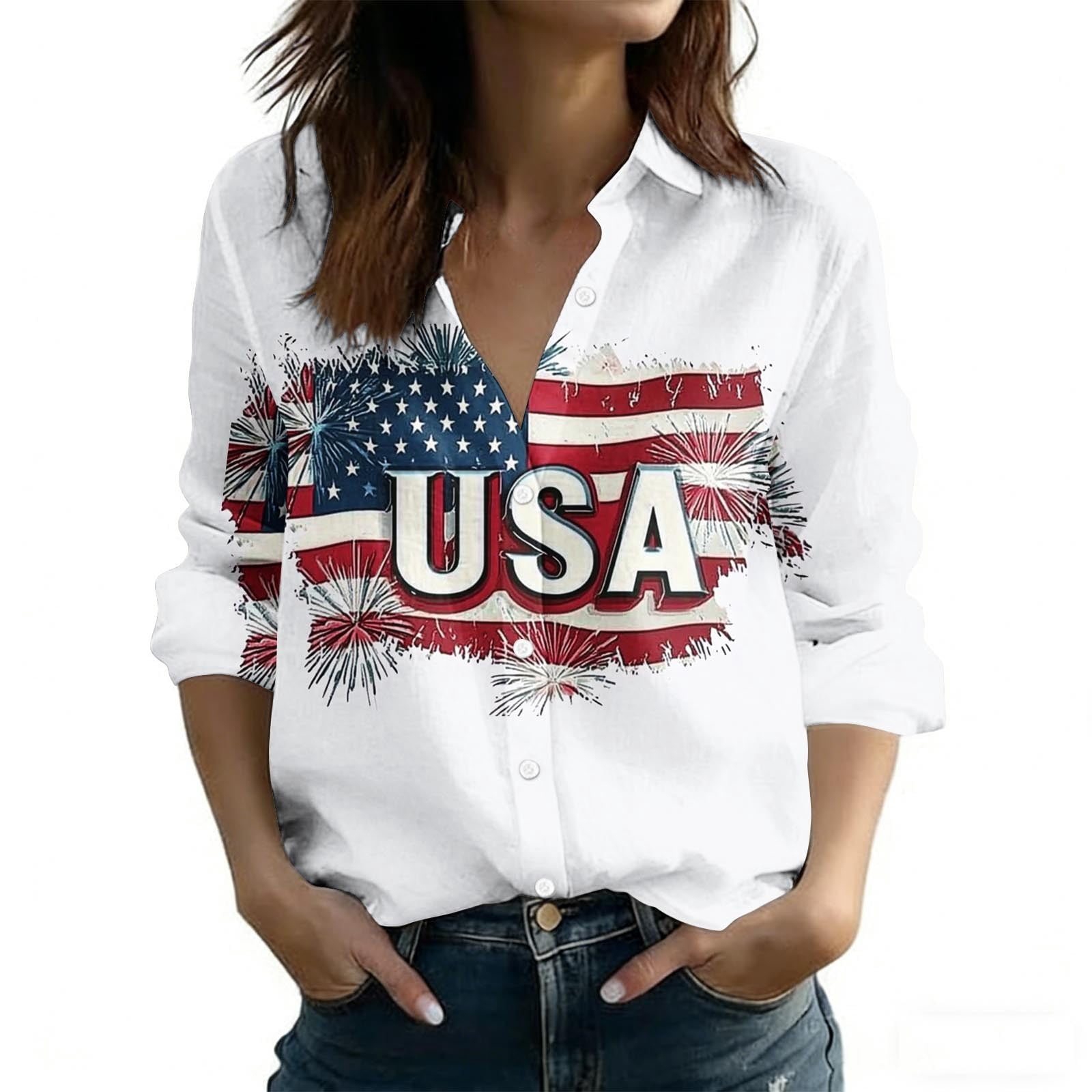 Women's American Flag Print Button Down Shirt Long Sleeve Patriotic ...