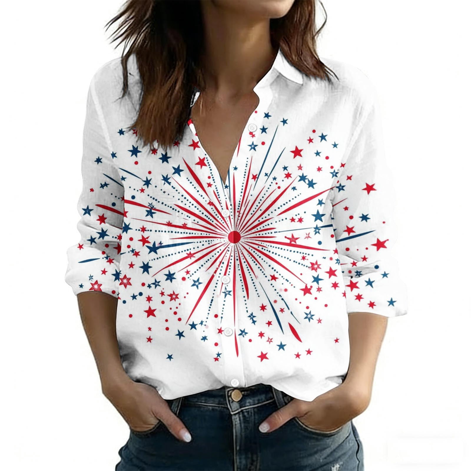 Women's American Flag Print Button Down Shirt Long Sleeve Patriotic ...