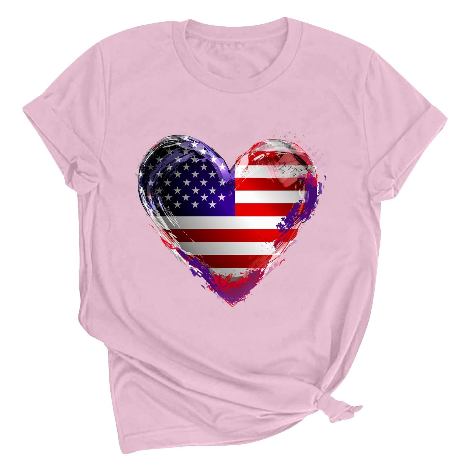 Women's American Flag Print Shirts Summer Casual Short Sleeve Heart ...