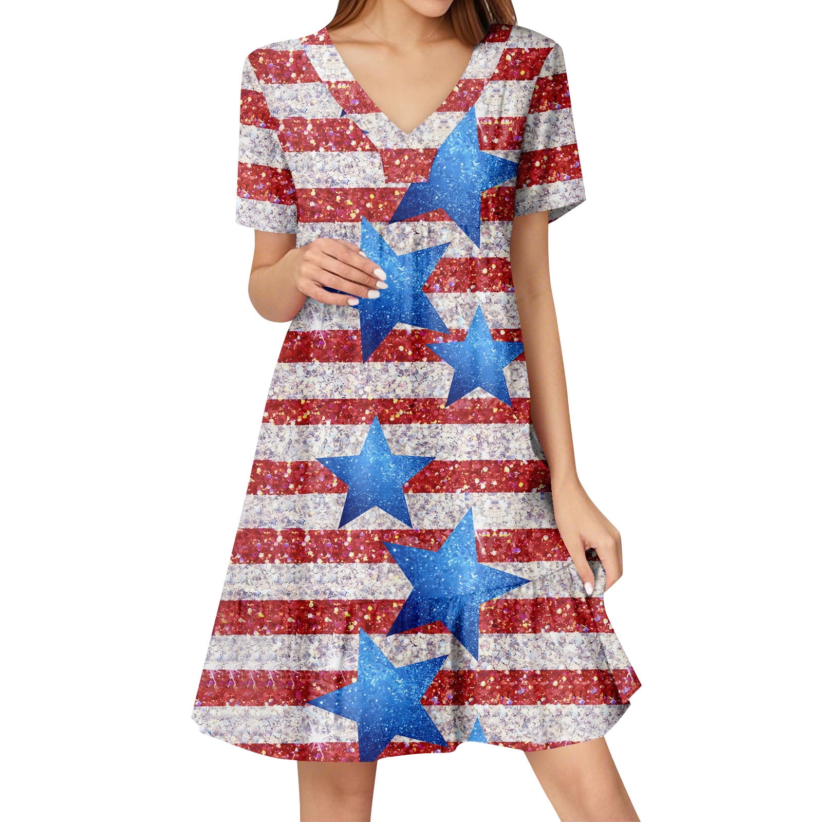 Women's American Flag V-Neck Mini Dress, Patriotic Stars and Stripes ...