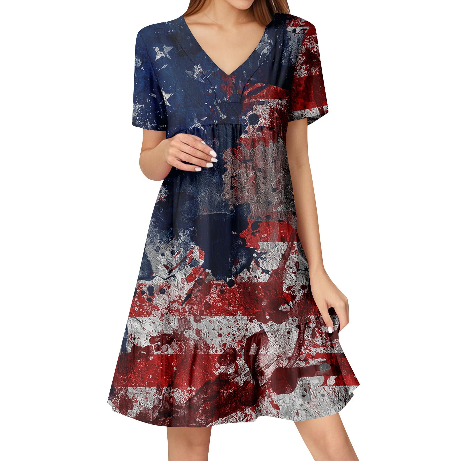 Women's American Flag V-Neck Mini Dress, Patriotic Stars and Stripes ...