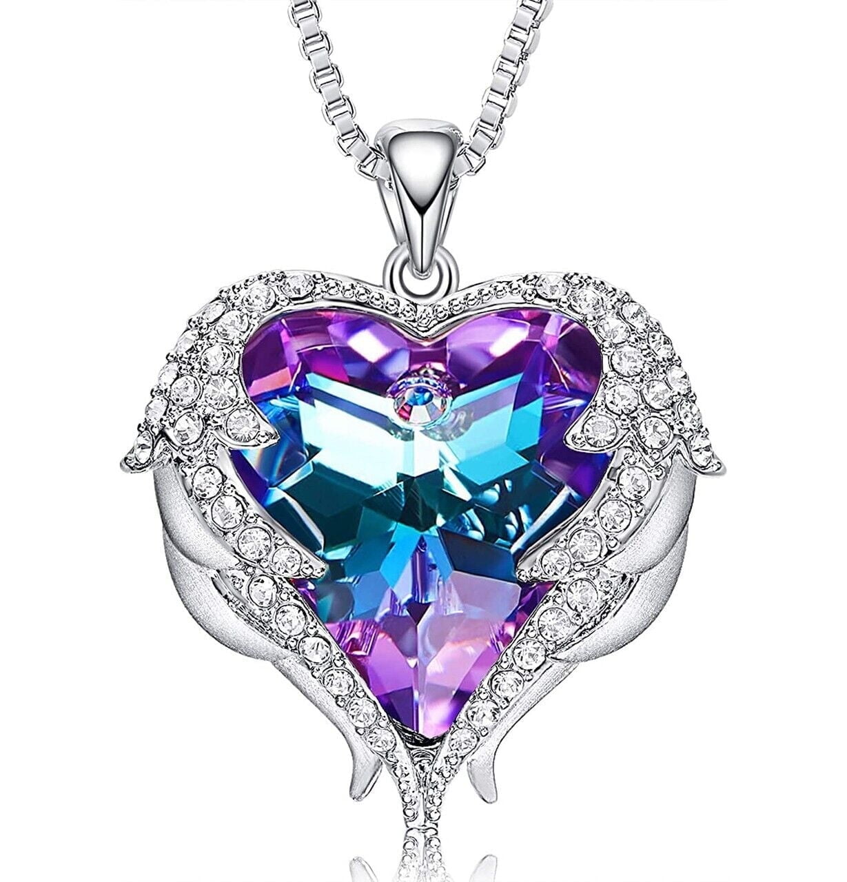 Women's Angel Wing Hug Silver Pendant w/ Blue & Purple Heart Crystal ...