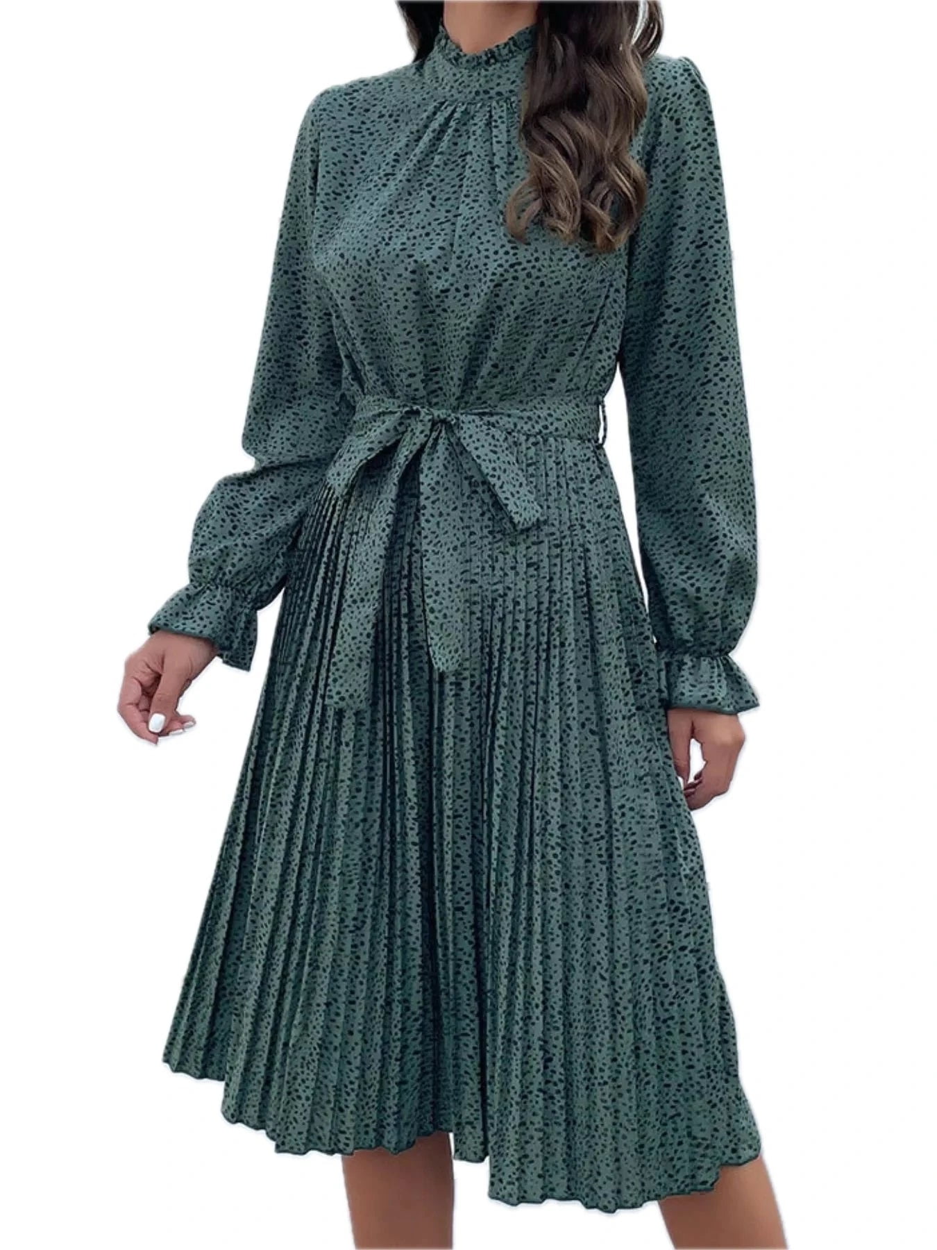 Women's Animal Print Mock Neck Flounce Sleeve Dress in 100% Polyester ...