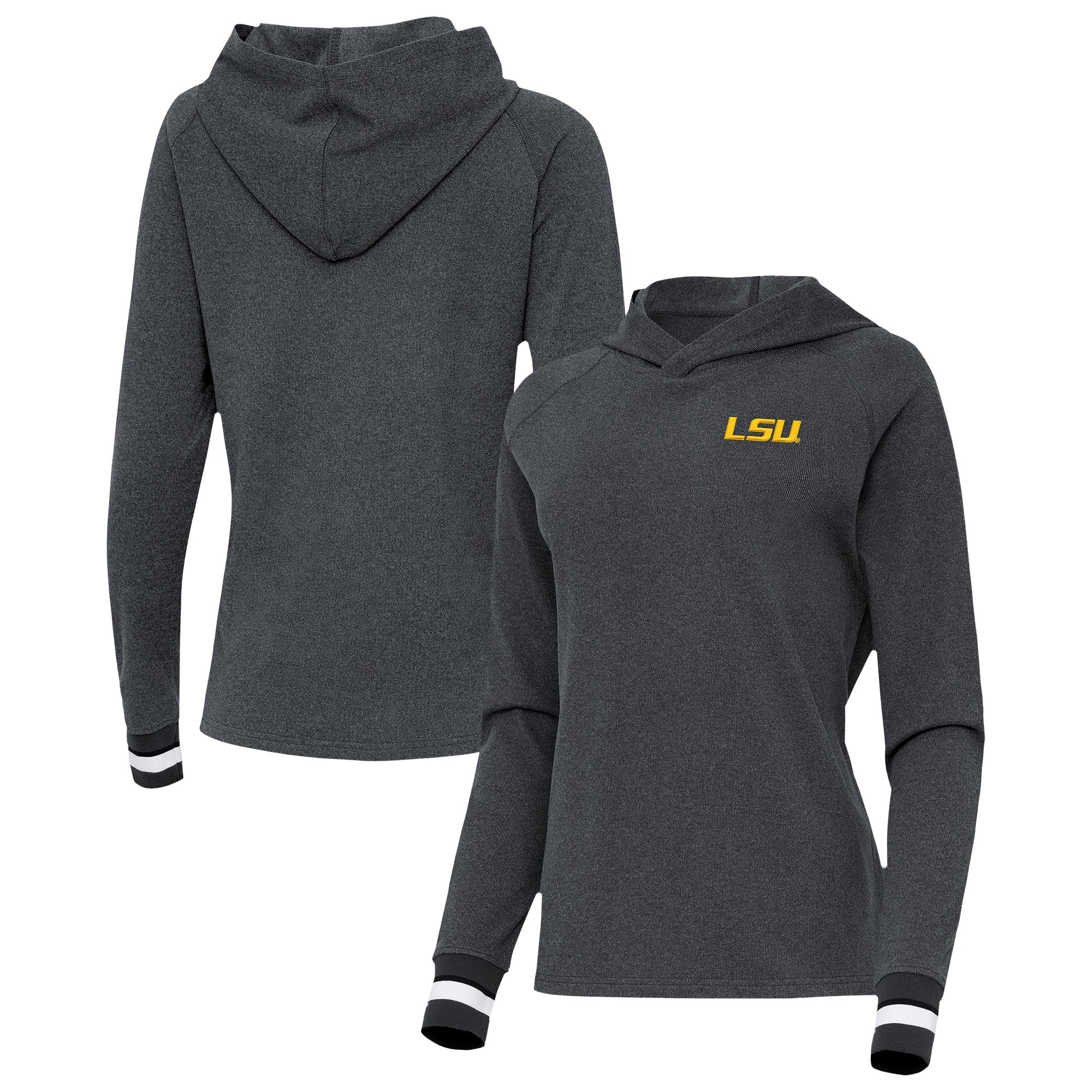 Women's Antigua Heather Charcoal LSU Tigers Trek Pullover Hoodie ...