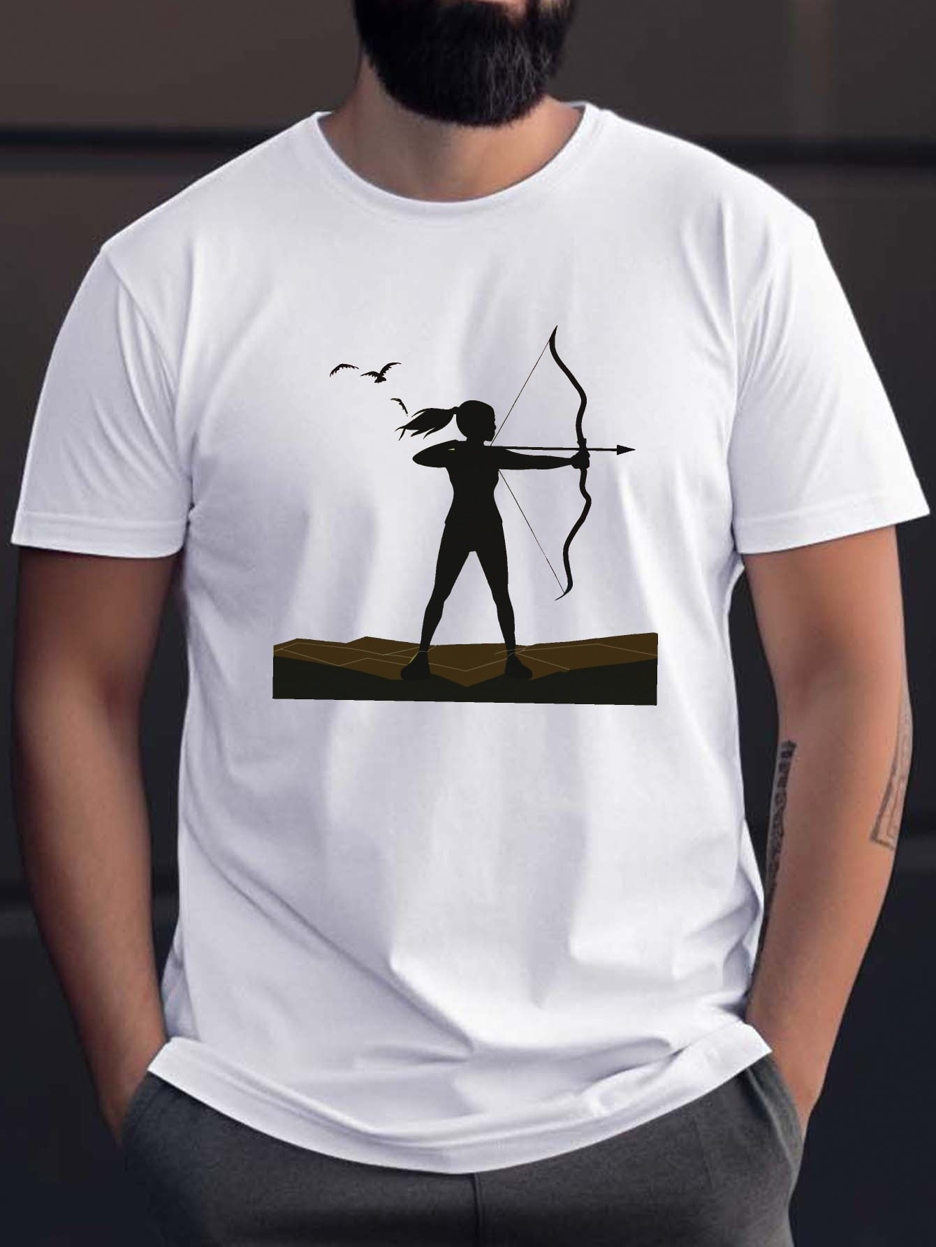 Women's Archery Silhouette Print T-Shirt - Casual Polyester Knit Fabric ...