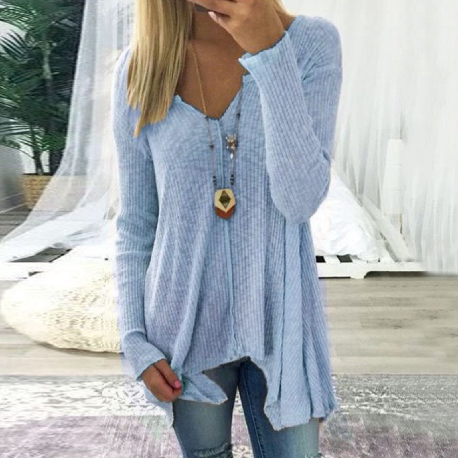 Women's Autumn And Winter Sweater Solid Color Pullover V-neck Irregular ...