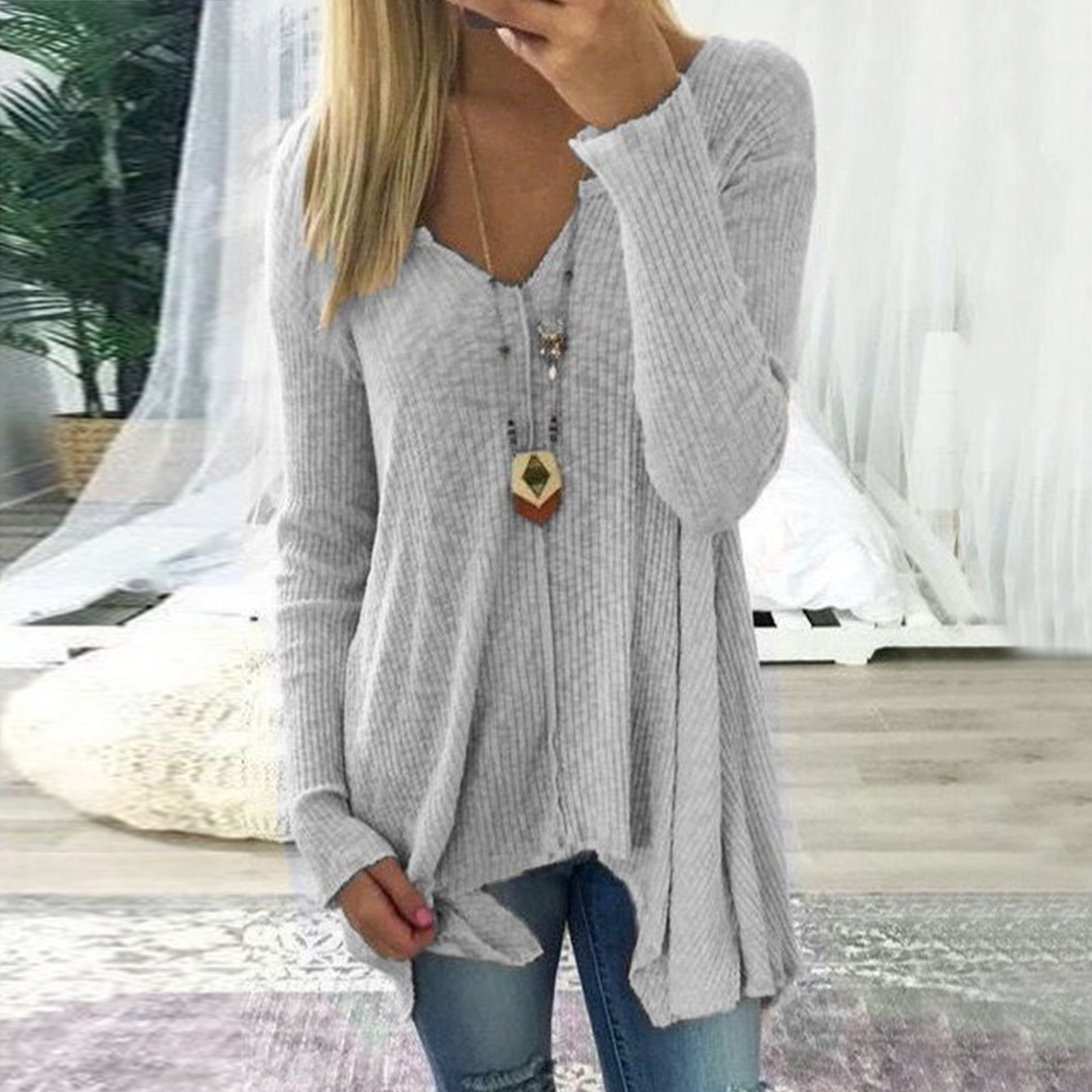 Women's Autumn And Winter Sweater Solid Color Pullover V-neck Irregular ...
