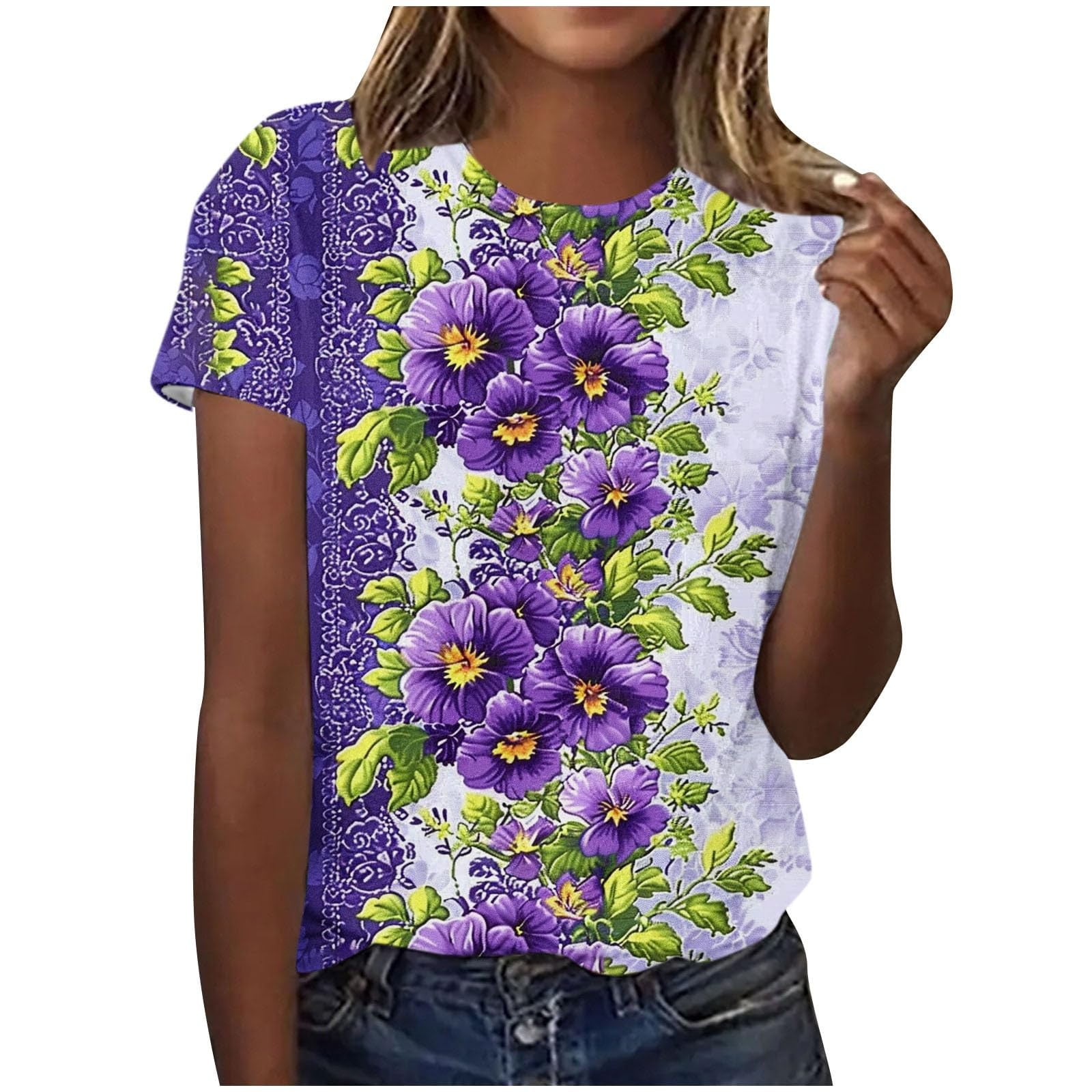Women's Awareness Shirt Purple Ribbon Floral Short Sleeve T Shirts ...