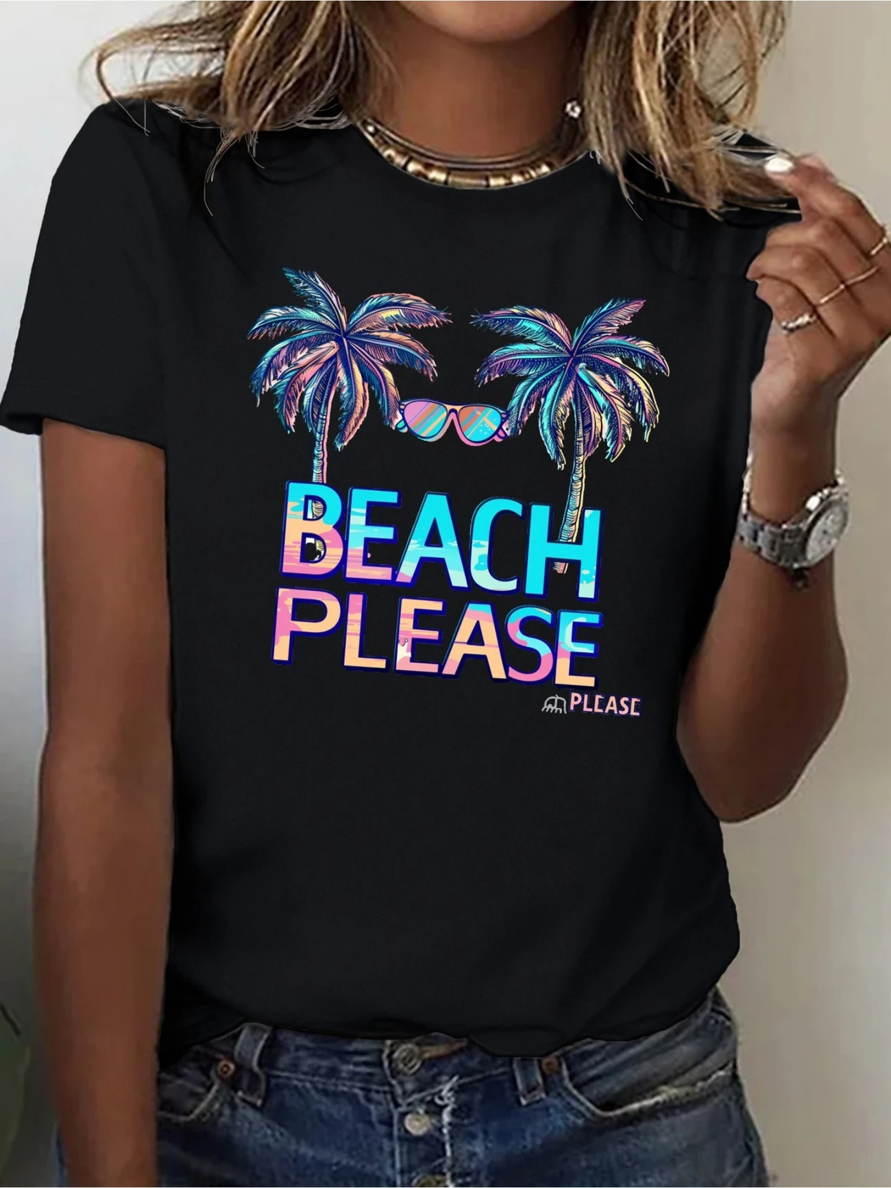 Women's "BEACH PLEASE" Neon Print T-Shirt - Casual Black Tee with Palm ...
