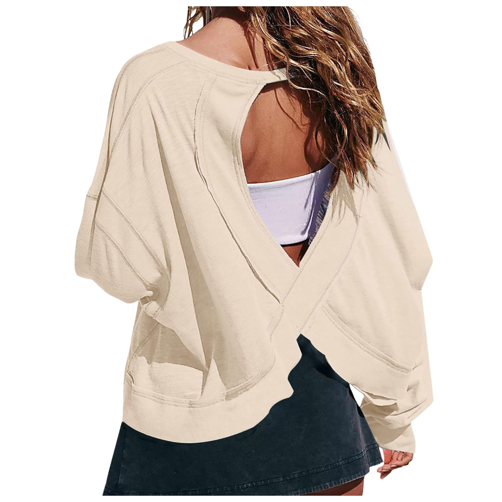 Women's Backless Long Sleeve Sweatshirt Crew Neck Open Back Crop Off ...