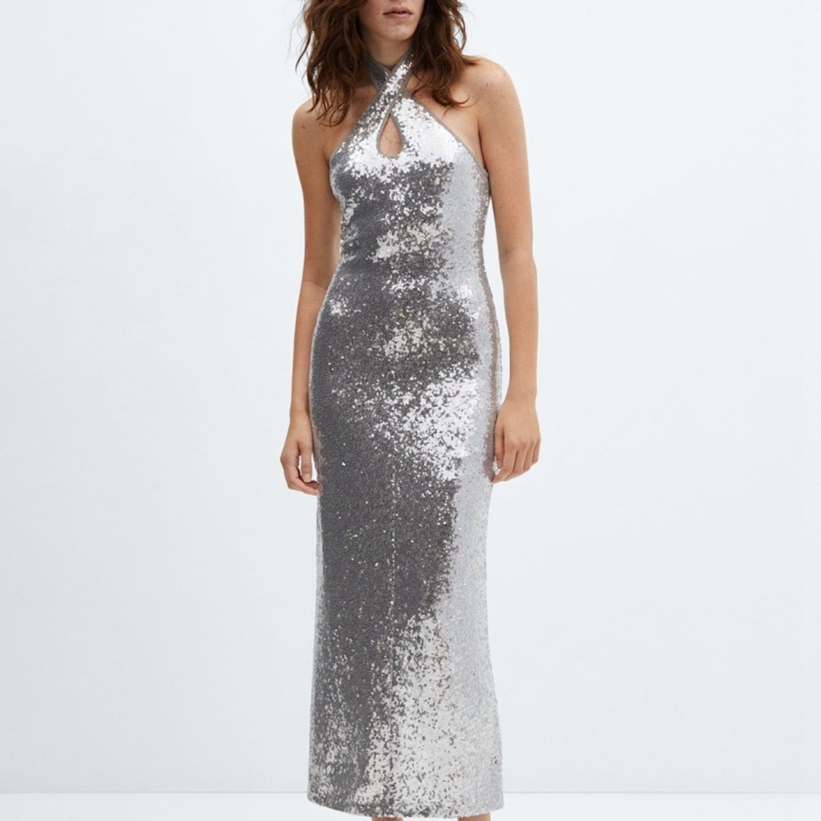 Women's Backless Sexy Fashion Neckline Sequin Dress Long Formal Dress ...