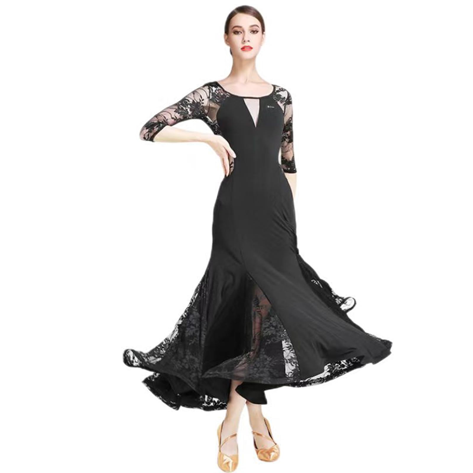 Women's Ballroom Dance Dress. Lace sleeve, long swing skirt ...