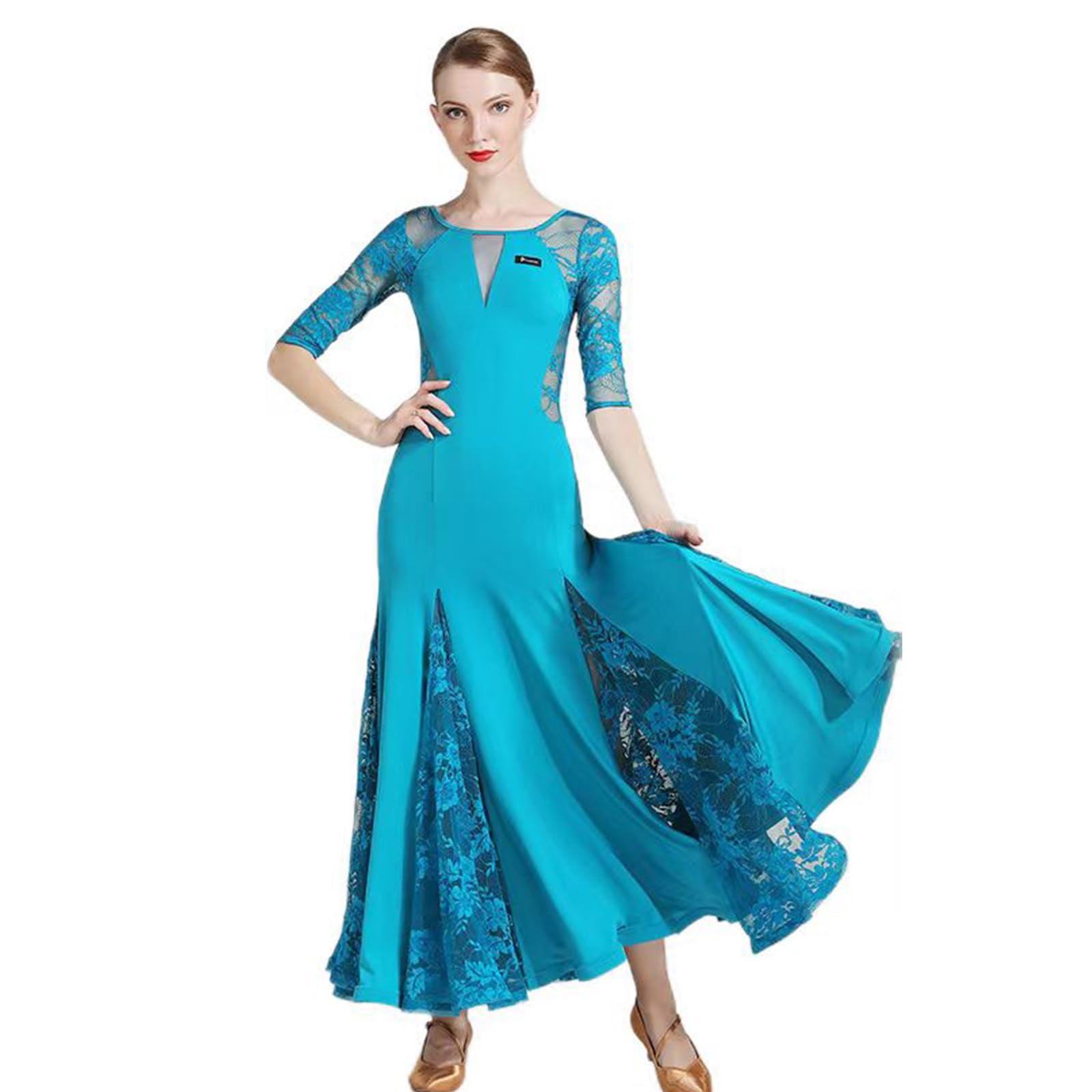 Women's Ballroom Dance Dress. Lace sleeve, long swing skirt ...