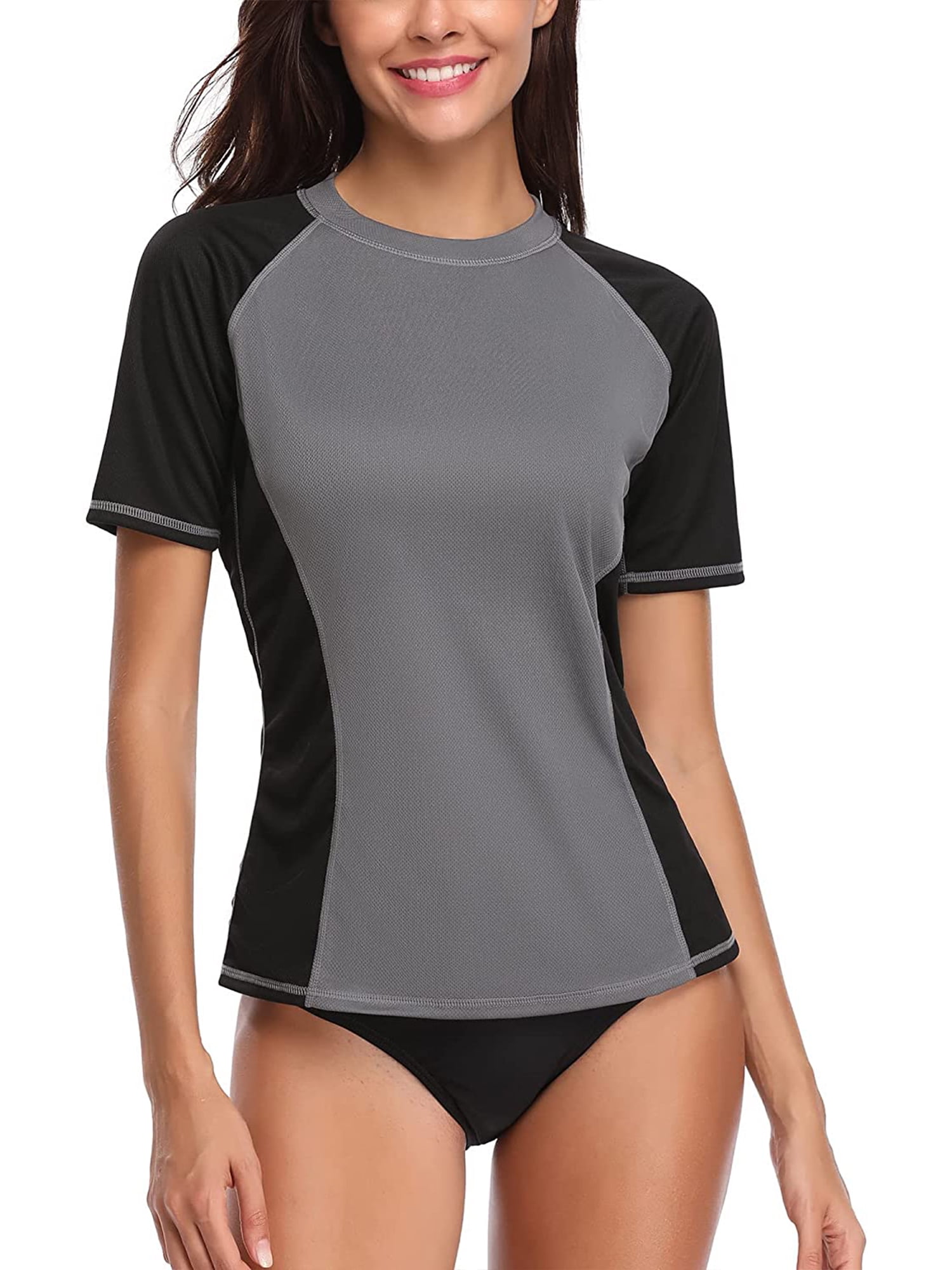 Womens Banded Crewneck Upf 50 Swimwear Rash Guard Colorblock Short