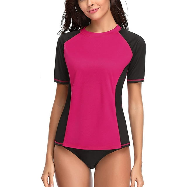 Womens Banded Crewneck Upf 50 Swimwear Rash Guard Colorblock Short