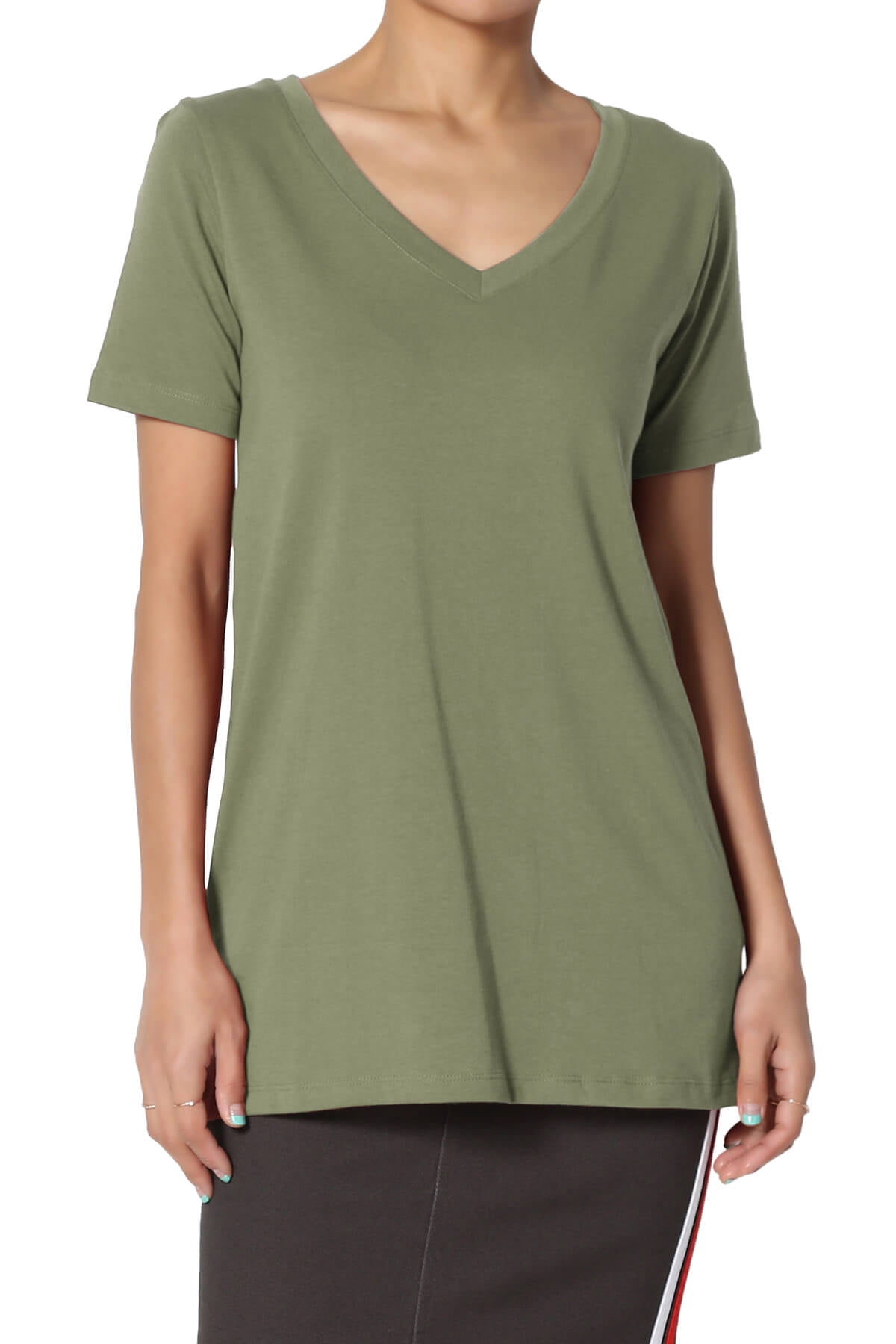 Women's Basic Cotton Span V-Neck Relxed Slim Fit Tee Tunic Length T ...