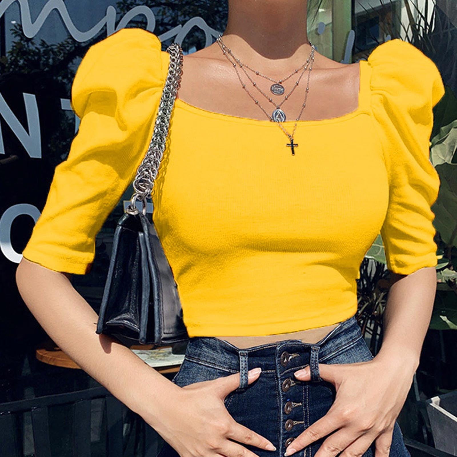 Women's Basic Crop Top Half Puff Sleeve Square Neck Cropped T-Shirts ...